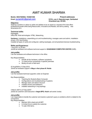 Amit sharma resume | DOCX | IT and Internet Support | Internet