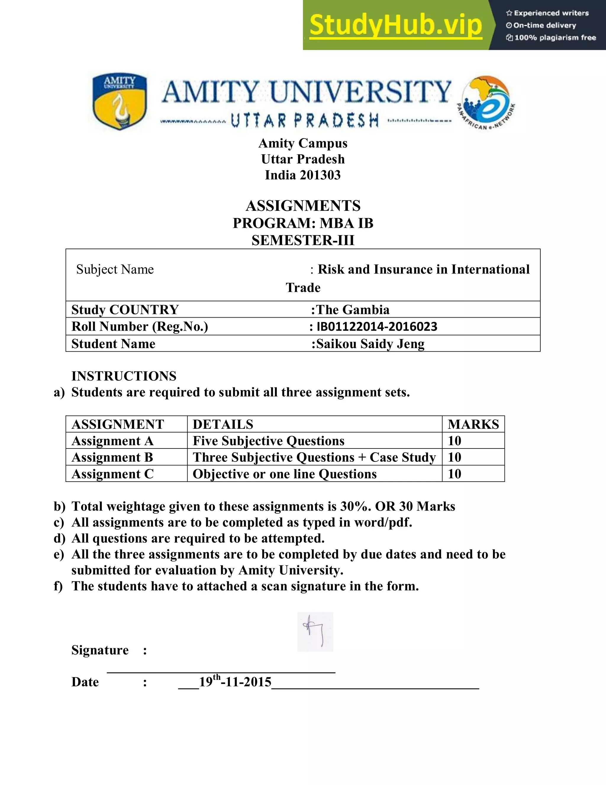 Amity Campus Uttar Pradesh India 201303 ASSIGNMENTS PROGRAM MBA IB ...