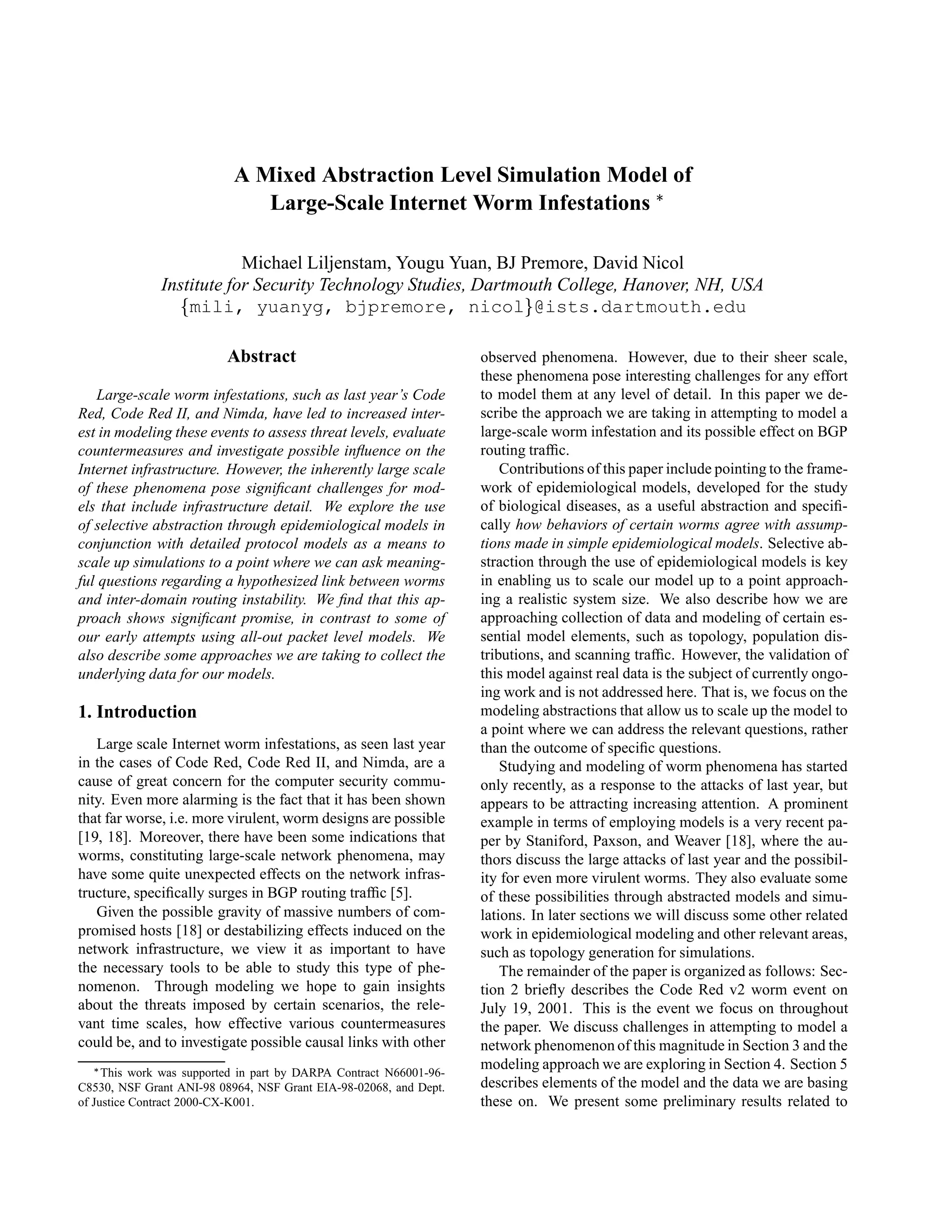 A Mixed Abstraction Level Simulation Model Of Large Scale Internet Worm