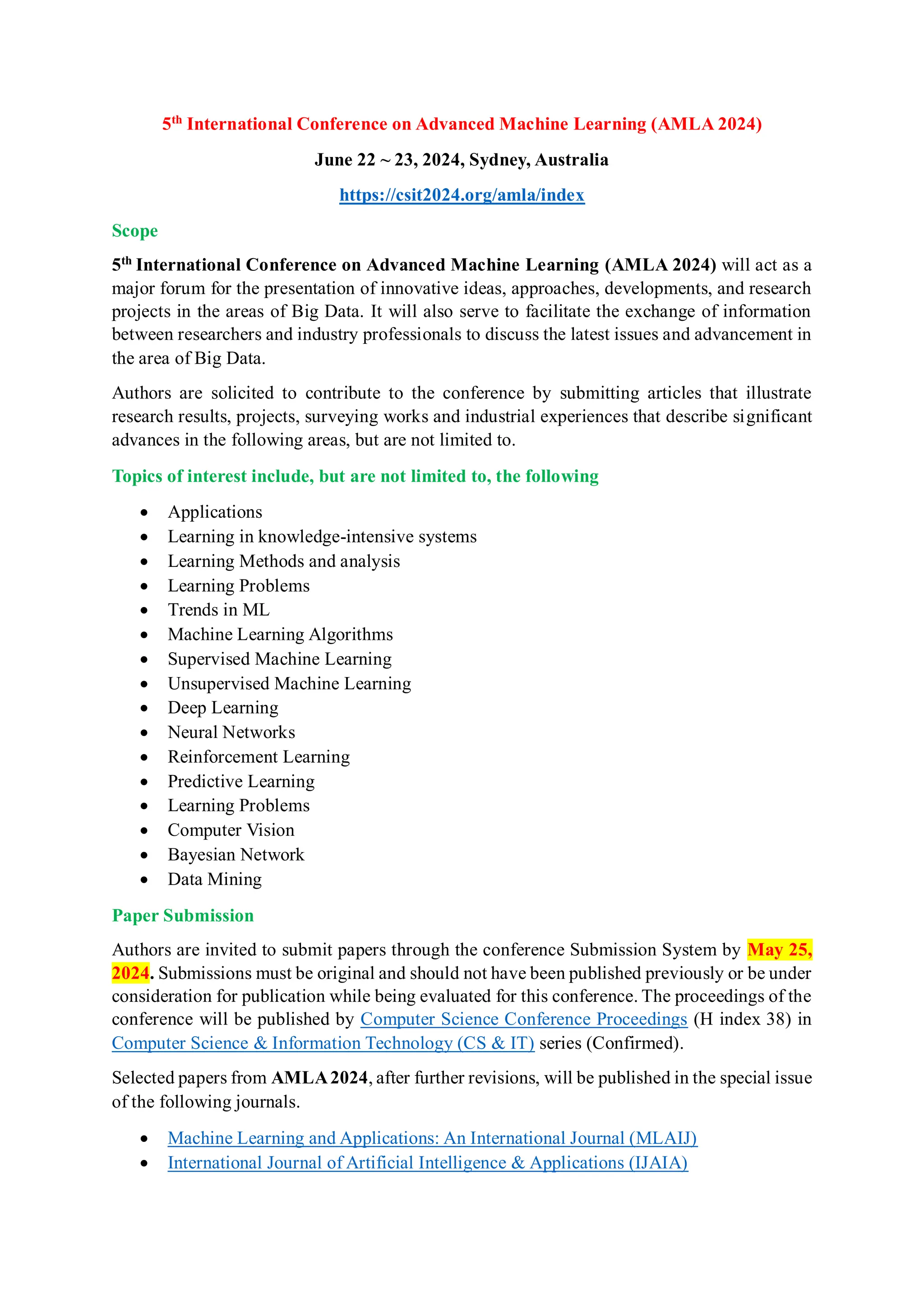 5th International Conference on Advanced Machine Learning (AMLA 2024) | PDF