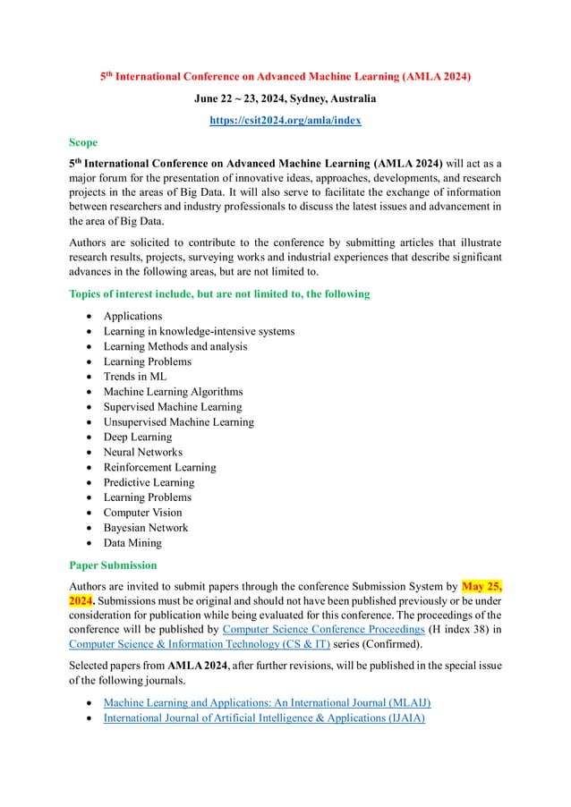 5th International Conference on Advanced Machine Learning (AMLA 2024) | PDF