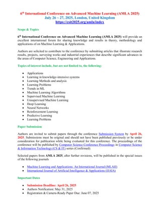 6th International Conference on Advanced Machine Learning (AMLA 2025) | PDF