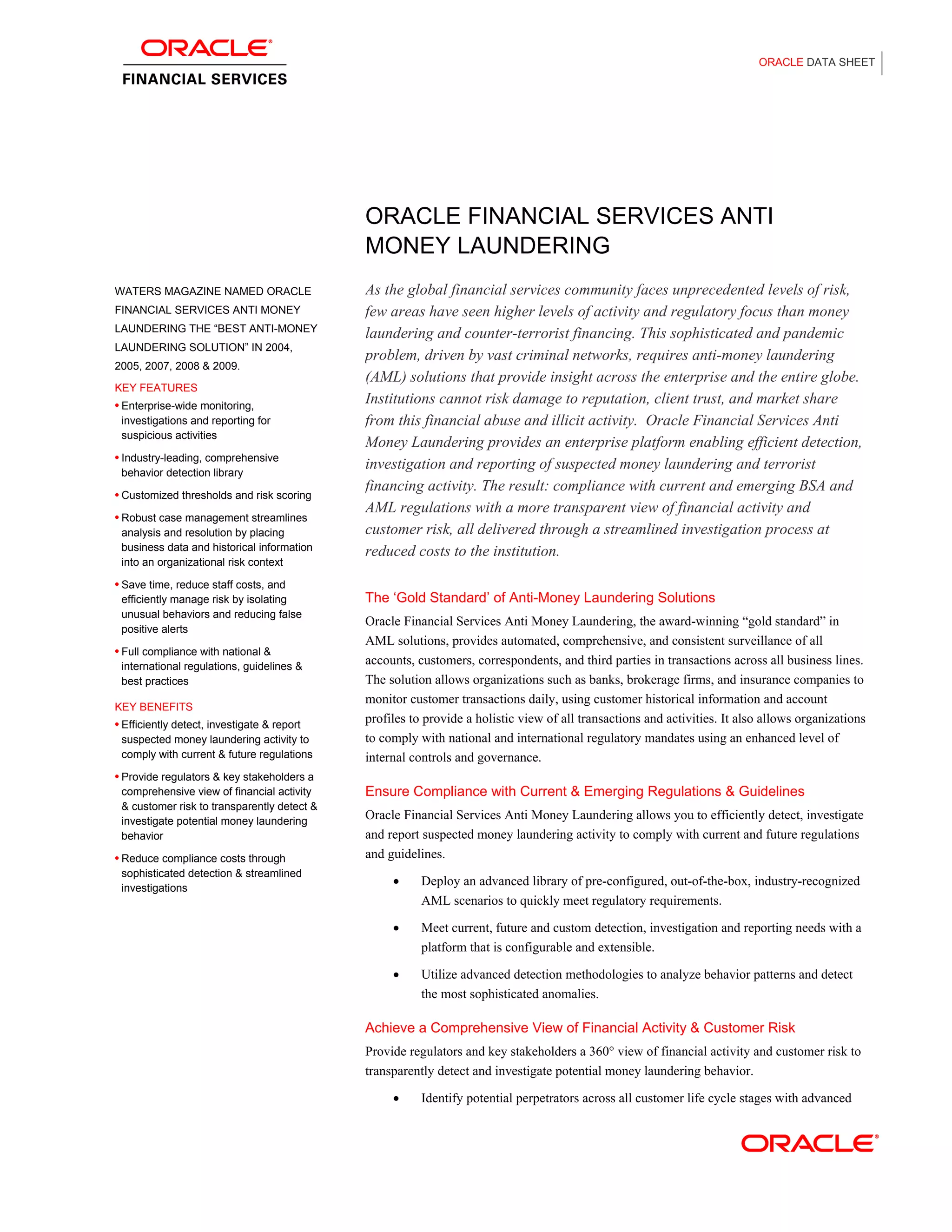 Aml Oracle Data Sheet | PDF