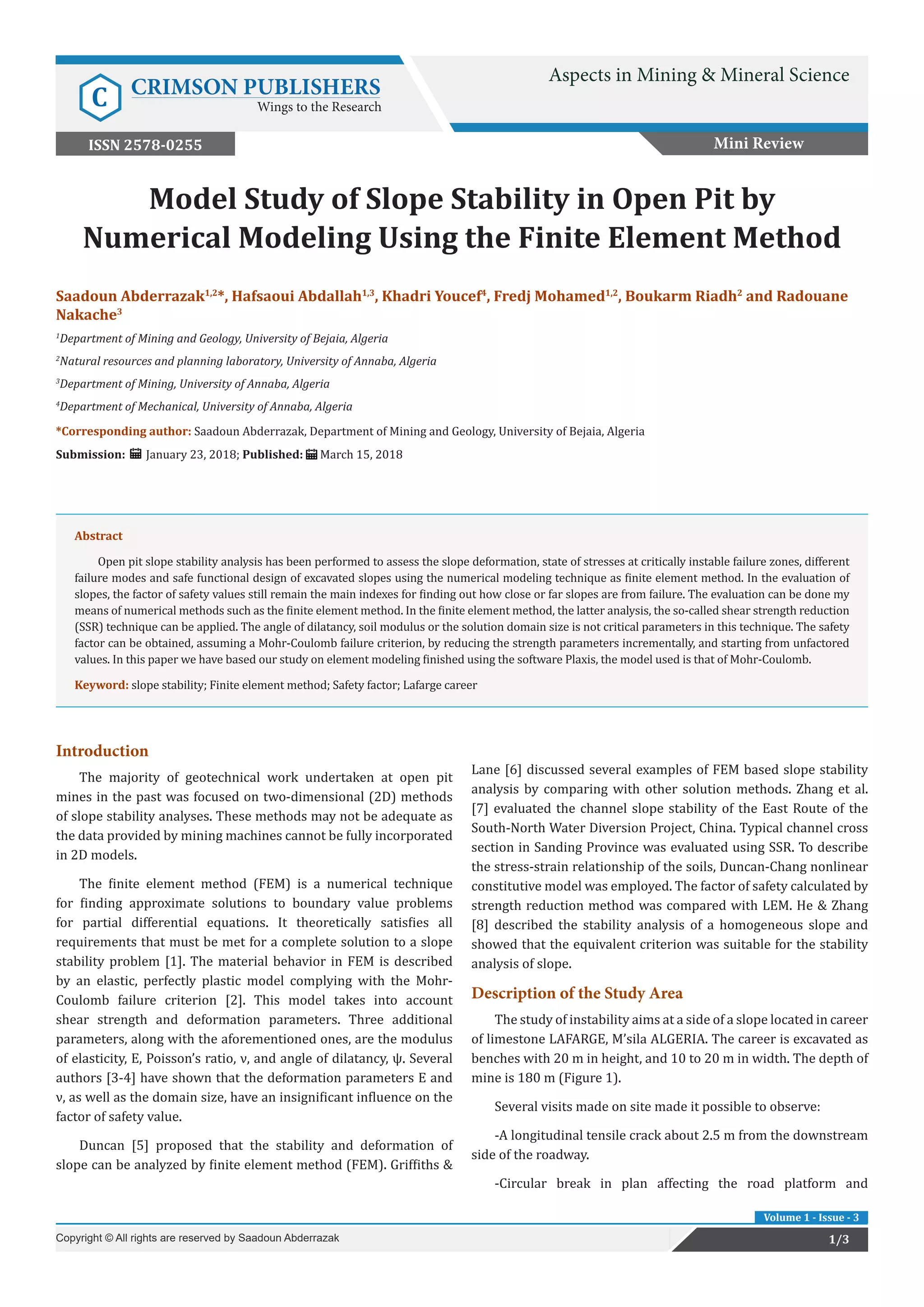 Model Study of Slope Stability in Open Pit by Numerical Modeling Using the Finite Element Method ...