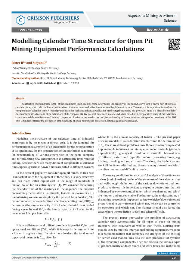 Modelling Calendar Time Structure for Open Pit Mining Equipment Performance Calculations | PDF ...