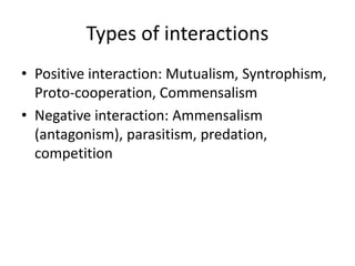 Interaction involving microorganisms(competitions, amensalism ...