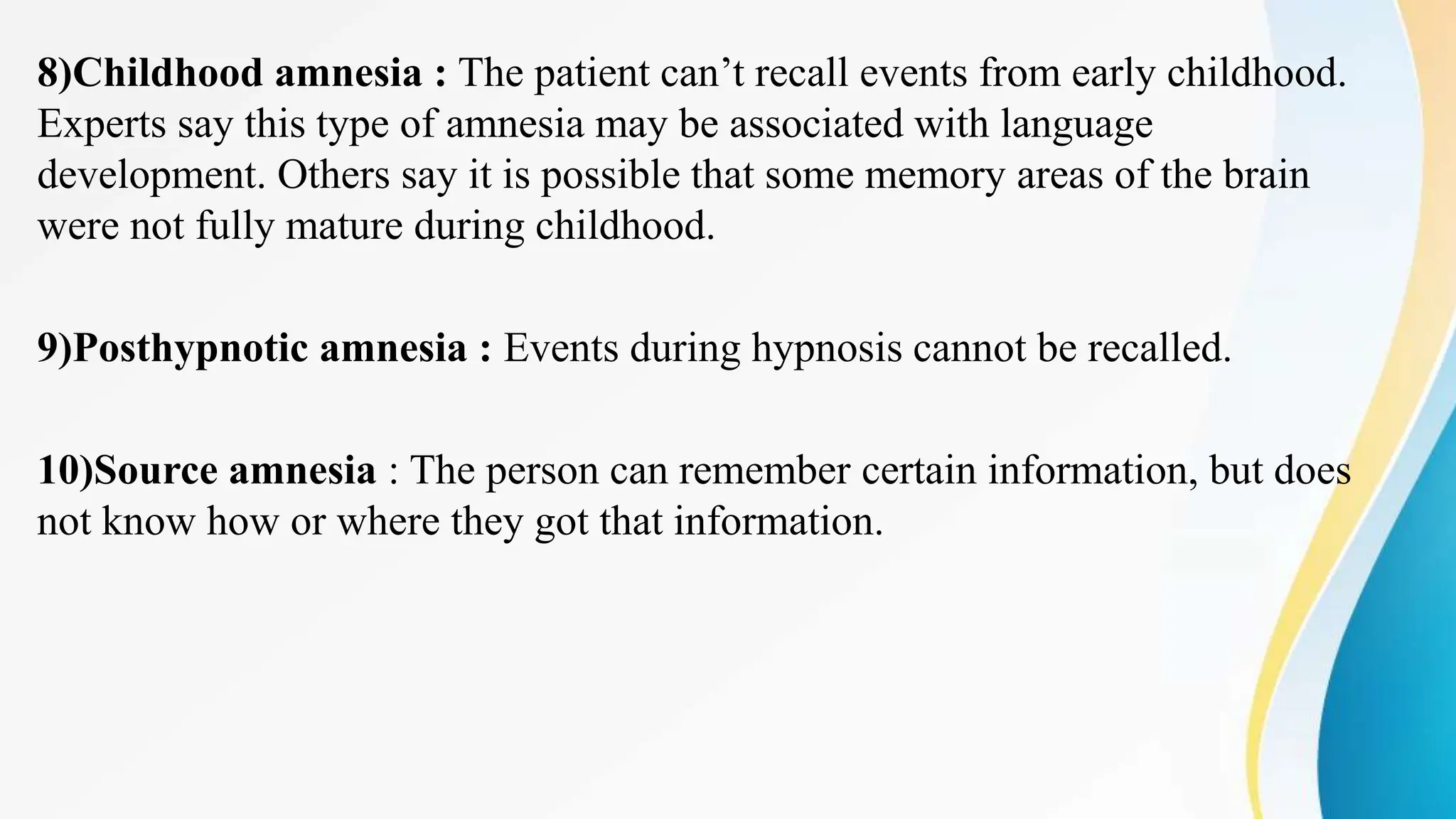 Amnesia, causes, clinical features, epidemiology, types, diagnostic ...