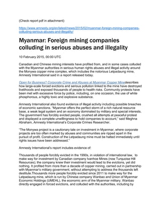 Amnesty International's Compilation Reports on Myanmar Monywa Copper ...