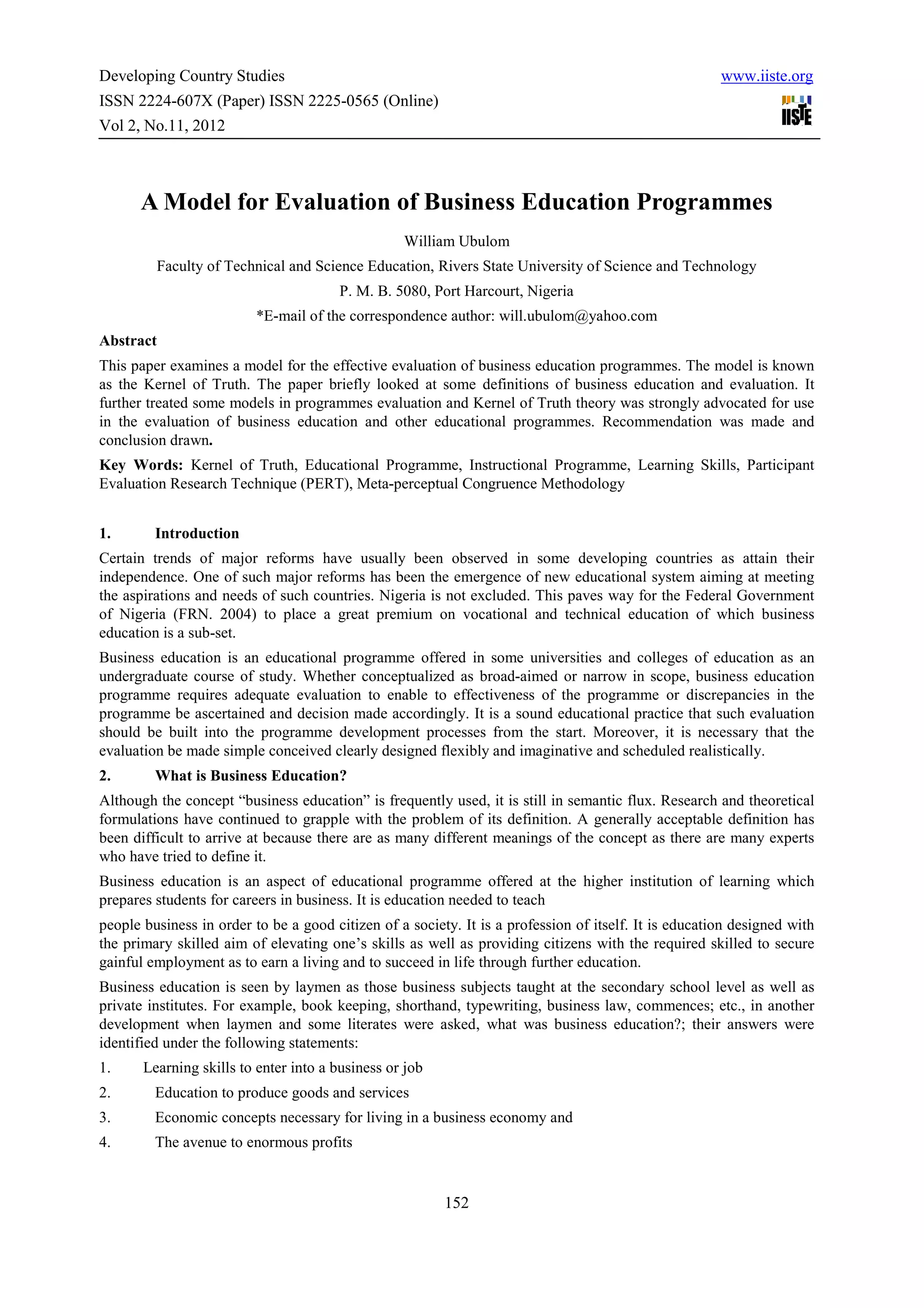 A model for evaluation of business education programmes | PDF