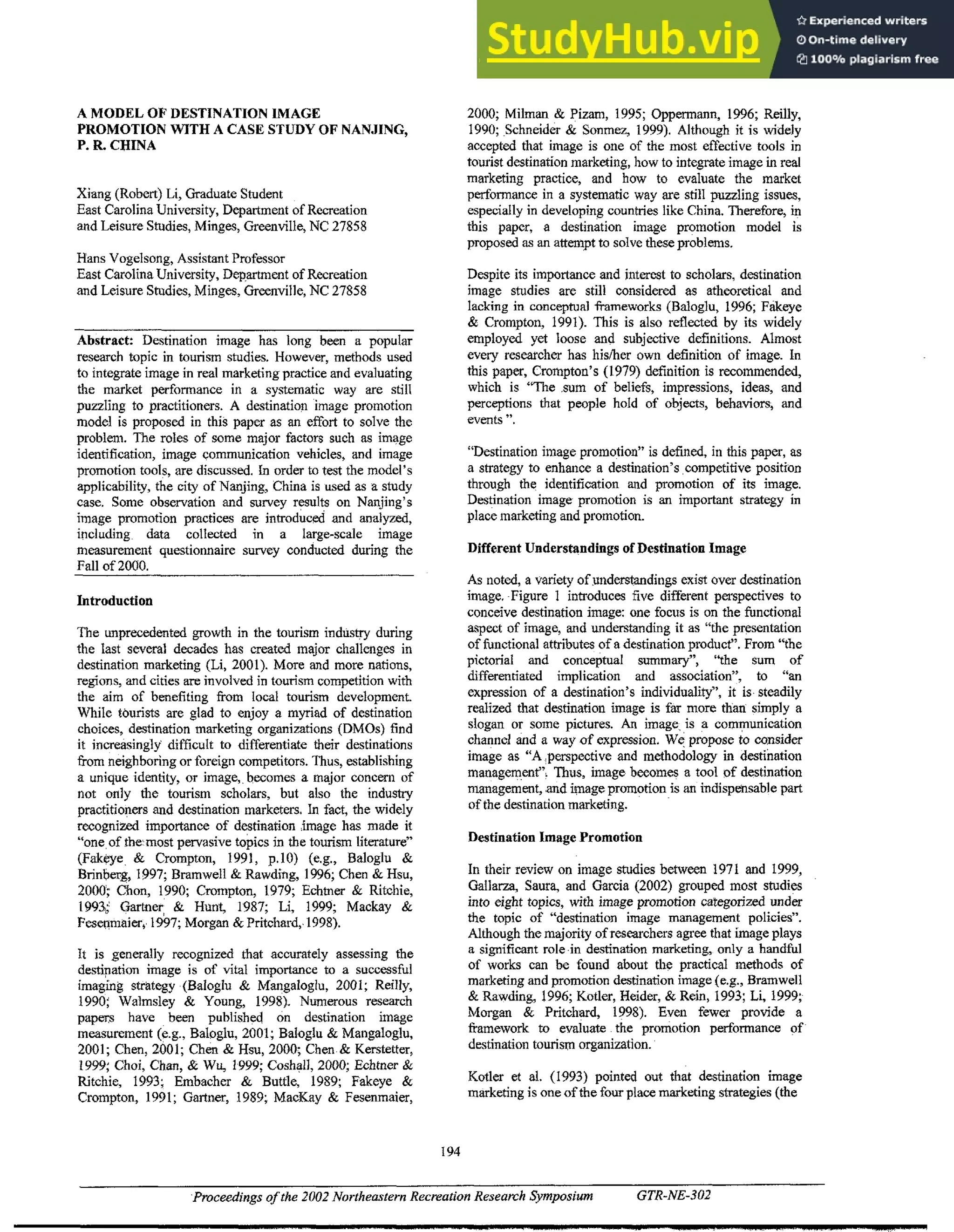 A Model Of Destination Image Promotion With A Case Study Of Nanjing | PDF