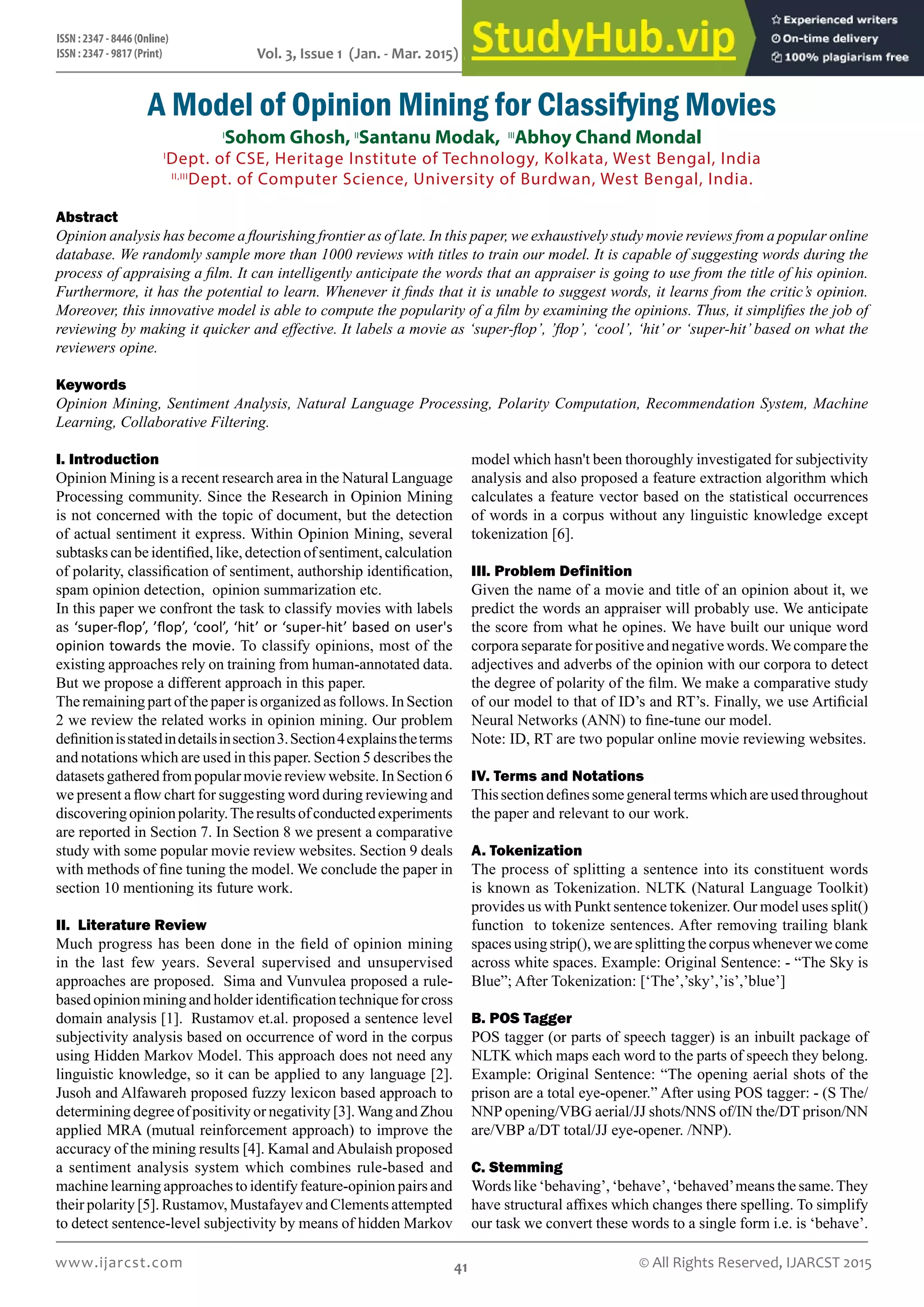 A Model Of Opinion Mining For Classifying Movies | PDF