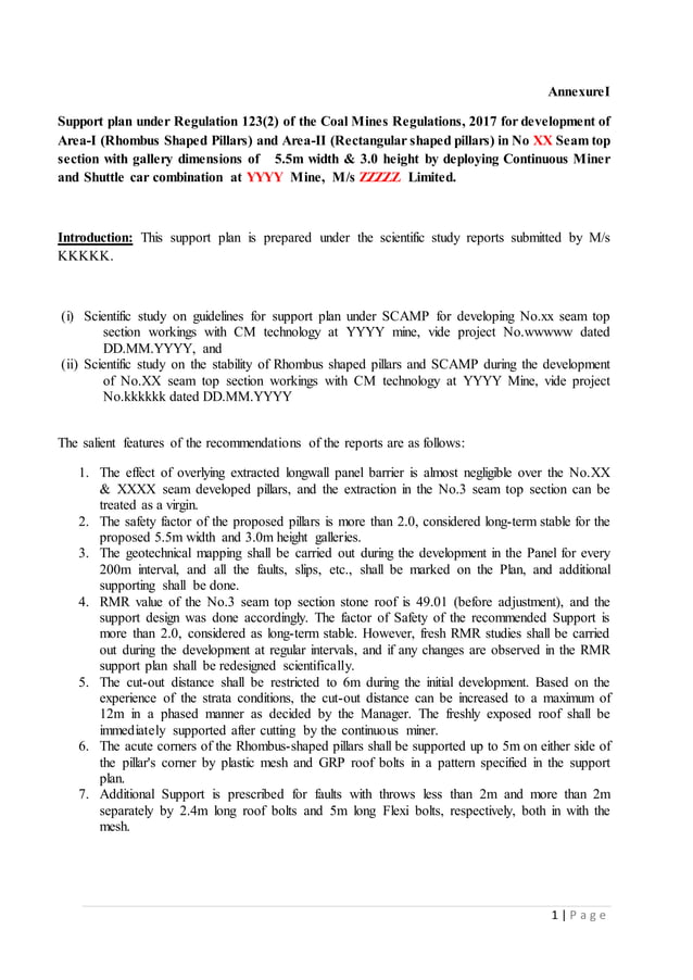 A model support plan for underground coal mines , under regulation 123 ...