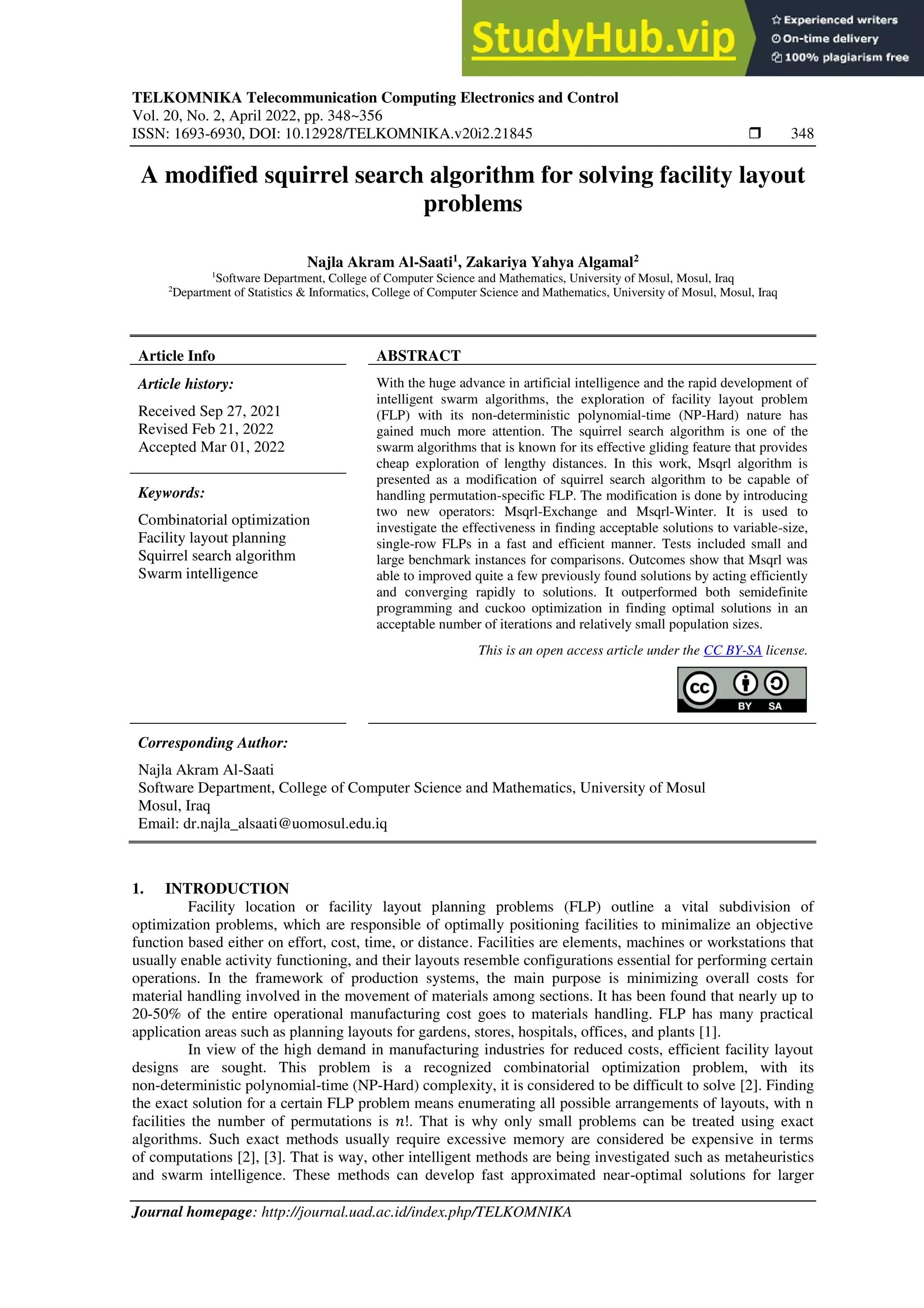 A Modified Squirrel Search Algorithm For Solving Facility Layout Problems | PDF