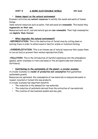 A MORE SUSTAINABLE WORLD UNIT Science 6th | PDF