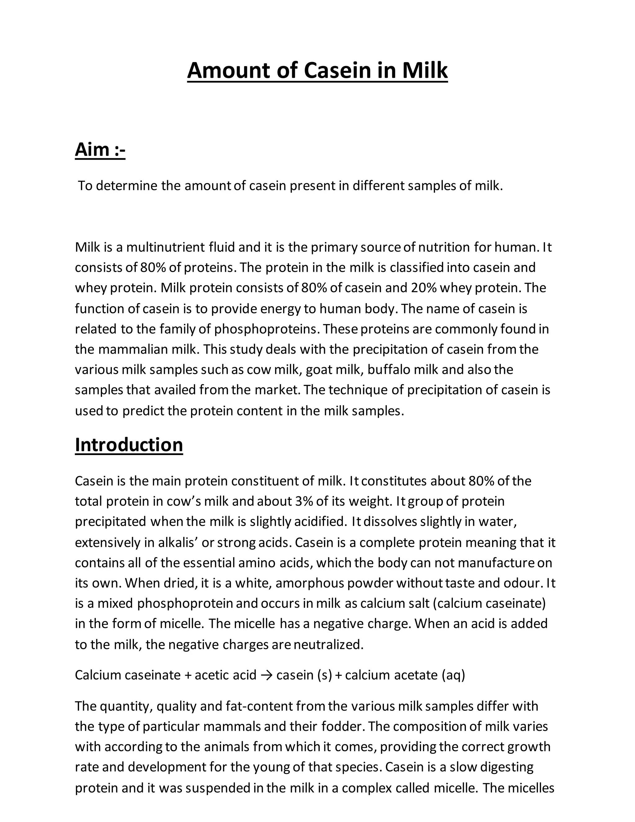 Amount of casein in milk | DOCX
