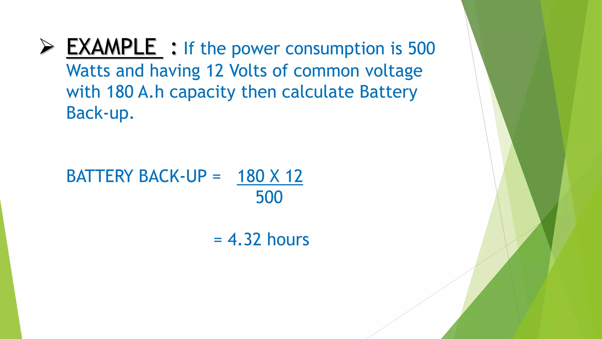 Ampere hour capacity of battery and battery back up calculation | PPTX