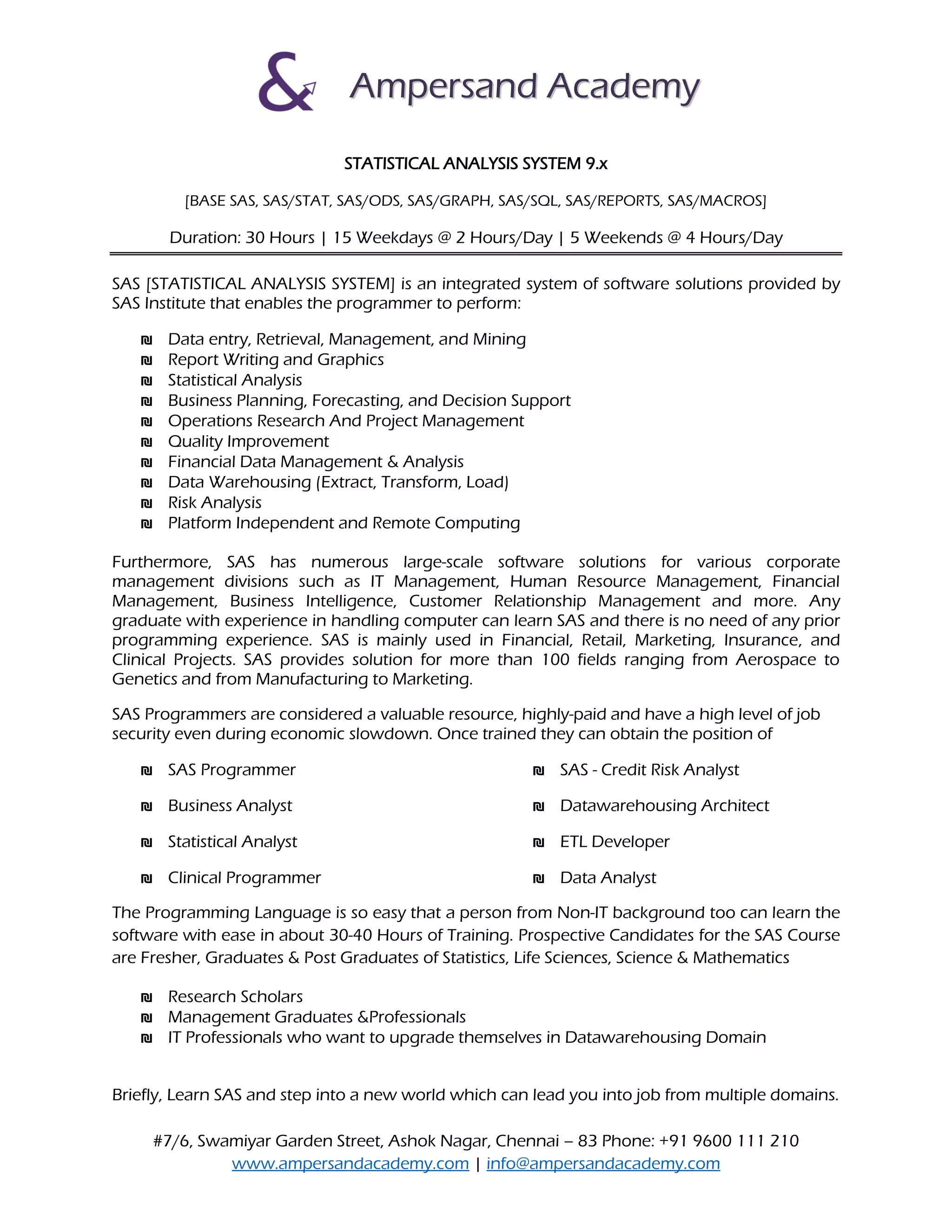 Ampersand Academy - SAS Course Curriculum | PDF | Programming Languages | Computing