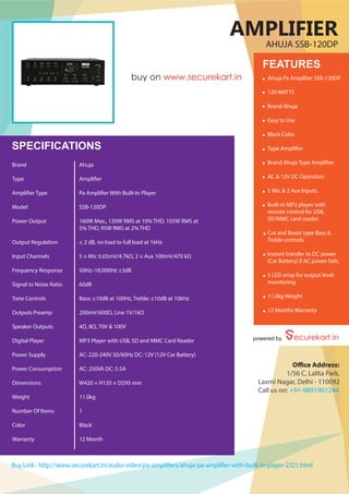 Ahuja SSB-120DP Features & Specifications – securekart | PDF
