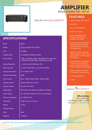Ahuja PA Amplifier TZA-1500DP Features & Specifications | PDF
