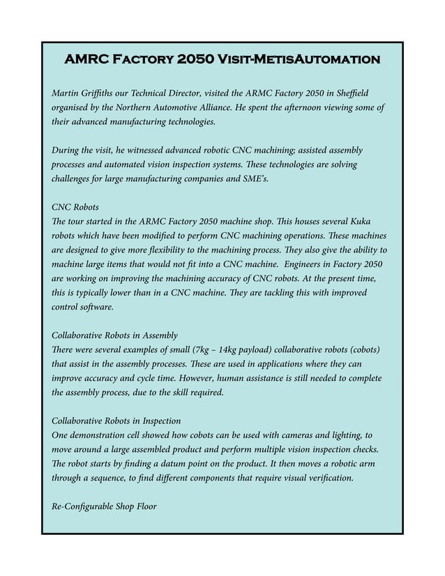 Amrc factory 2050 visit metis automation | PDF