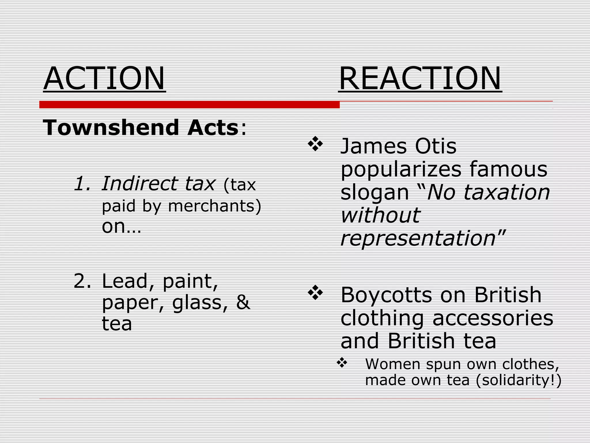 Am rev causes british actions, colonial reactions | PPT