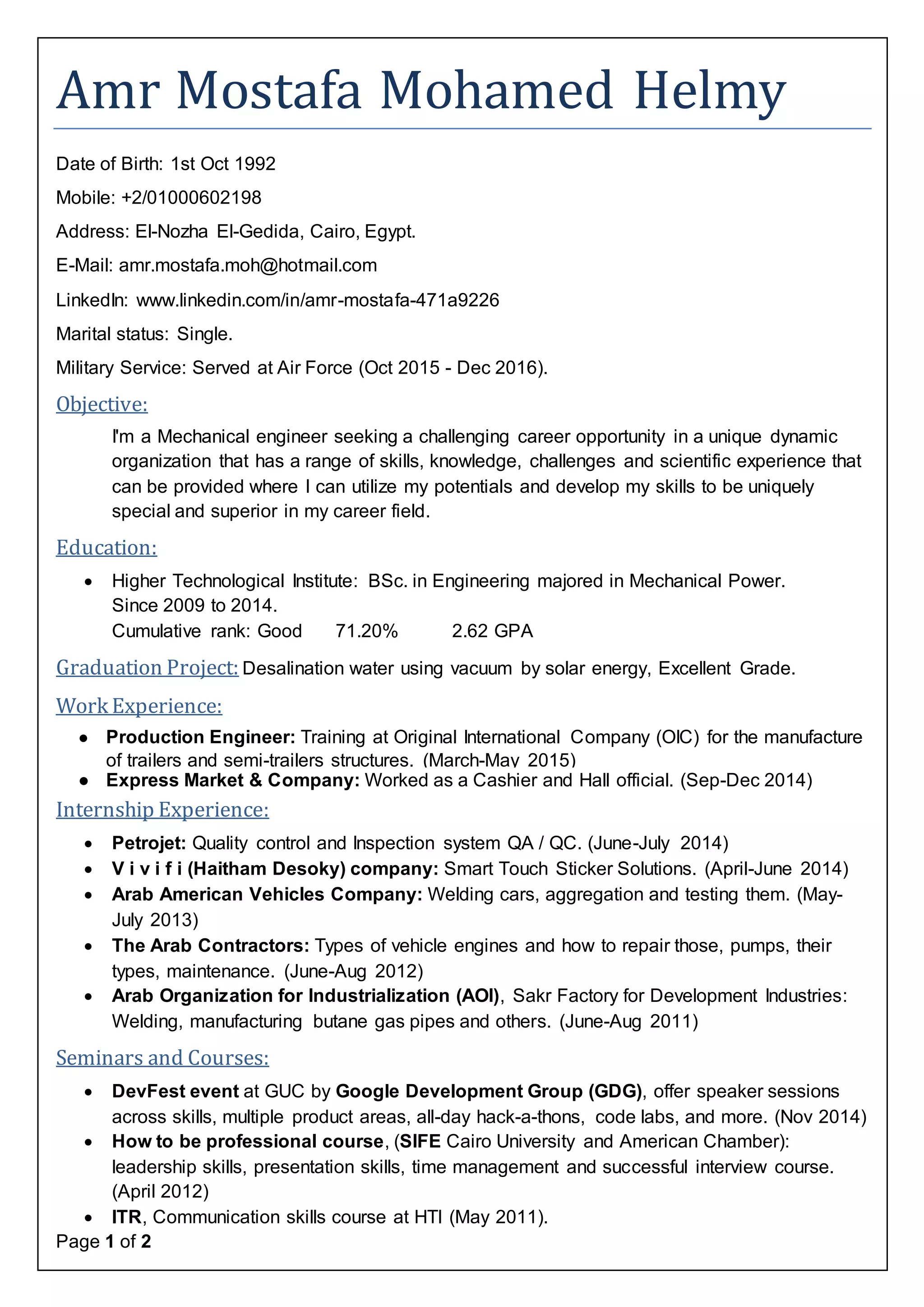 Amr mostafa mohamed helmy cv | DOCX | Business | Business and Finance