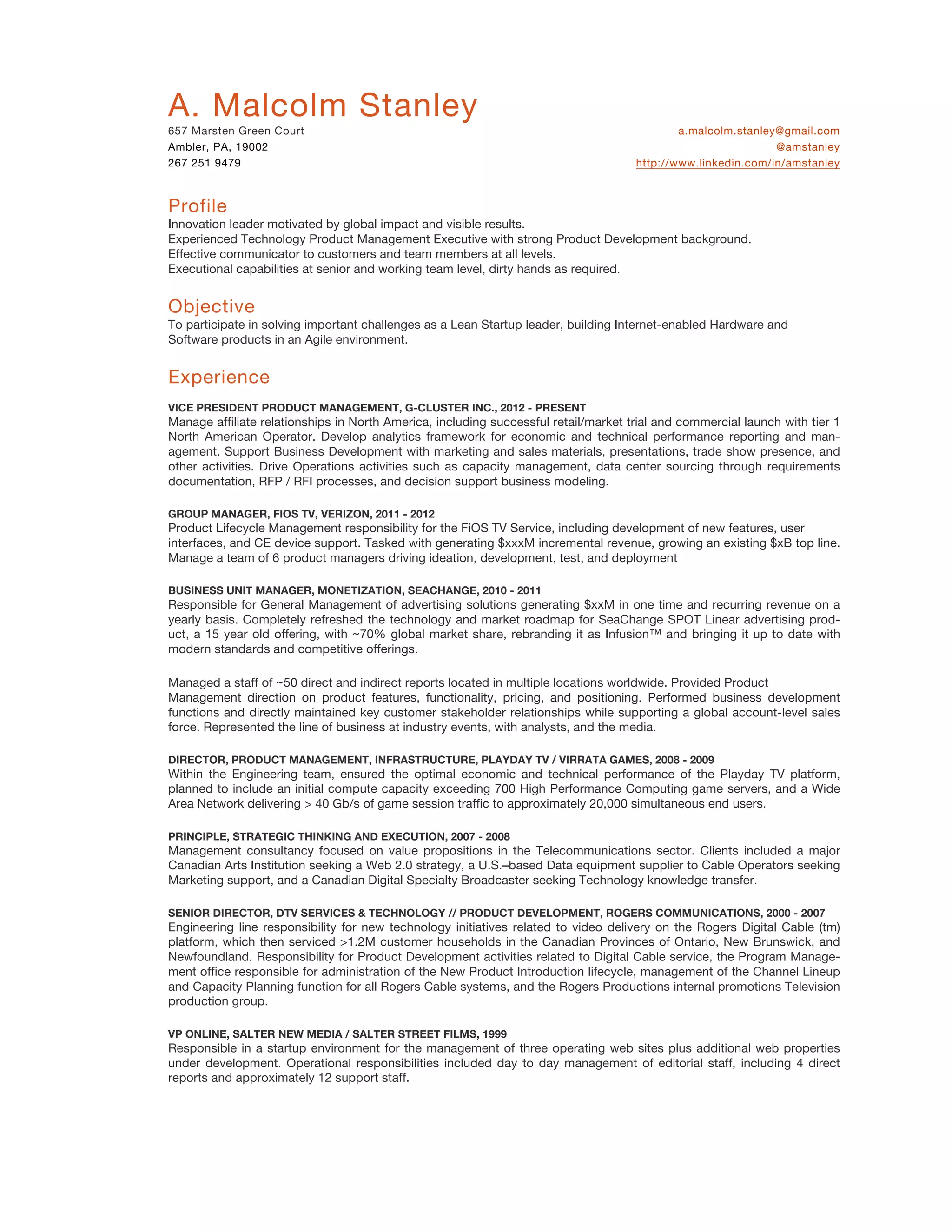 Malcolm Stanley Resume 2015 Current | PDF