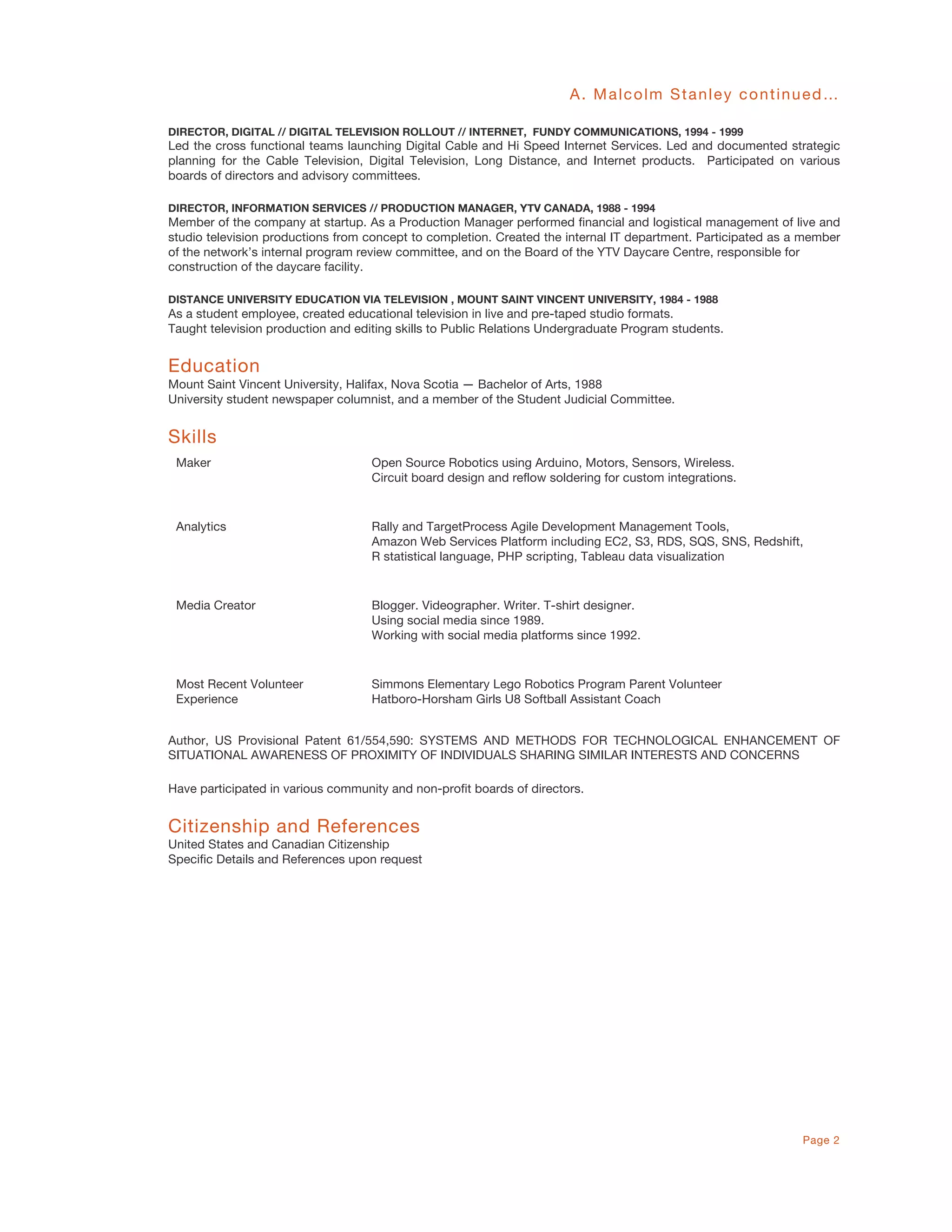 Malcolm Stanley Resume 2015 Current | PDF