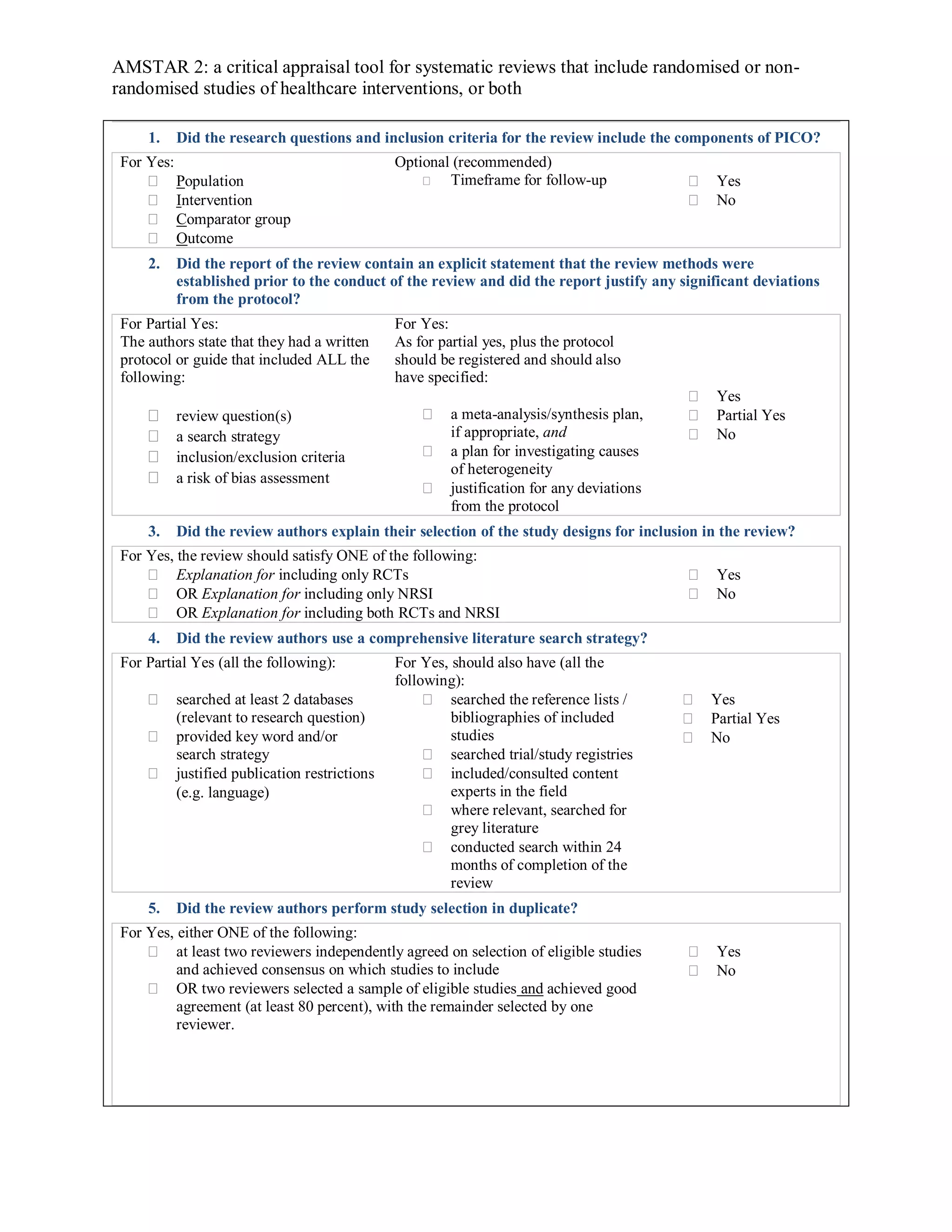 AMSTAR 2 Systematic Review Checklist (Sample Answers - March 15, 2018 ...