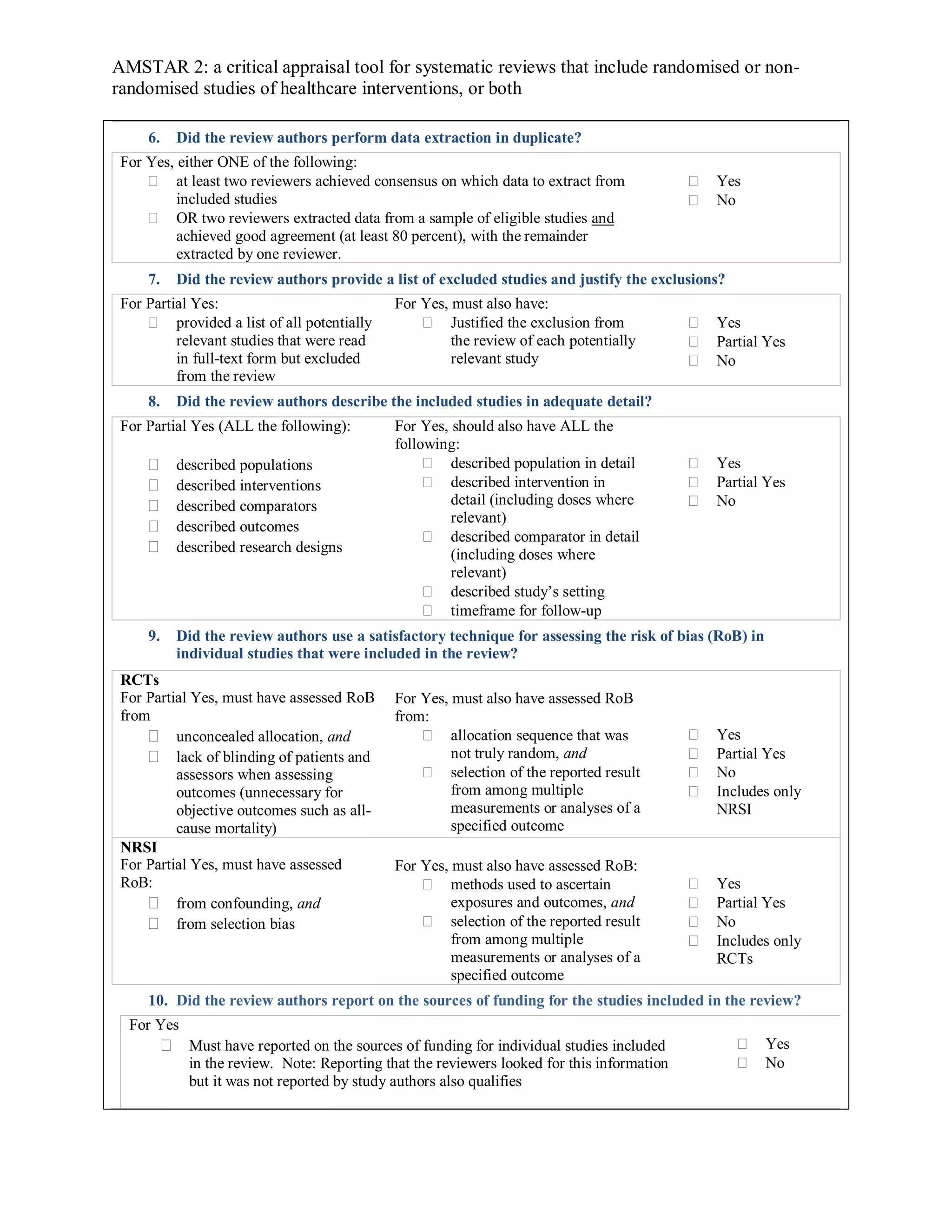 AMSTAR 2 Systematic Review Checklist (Sample Answers - March 15, 2018 ...