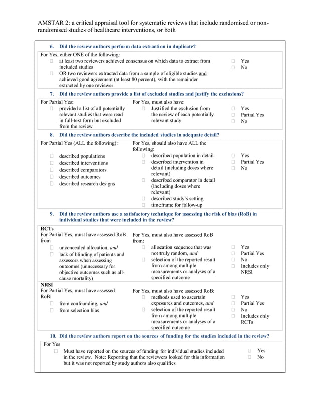 AMSTAR 2 Systematic Review Checklist (Sample Answers - March 15, 2018 ...