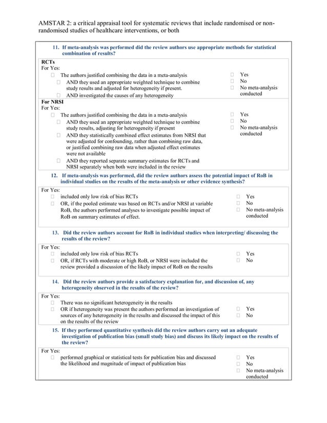 AMSTAR 2 Systematic Review Checklist (Sample Answers - March 15, 2018 ...
