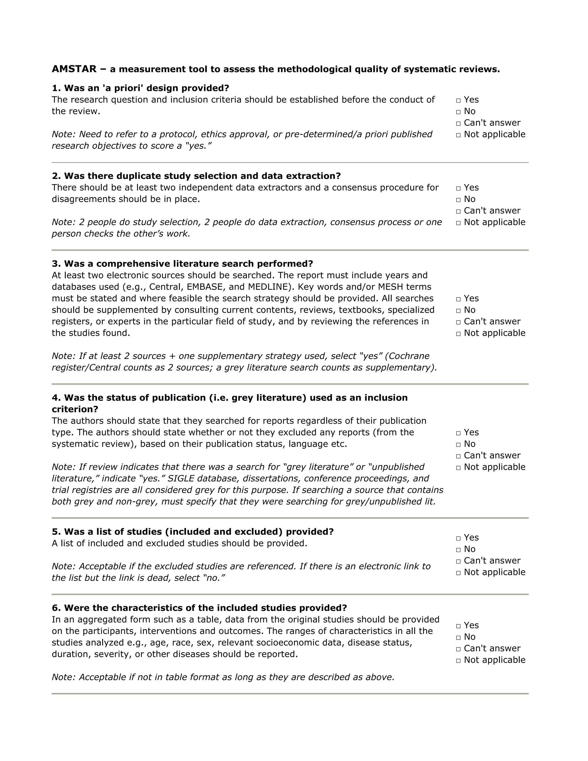 A Measurement Tool to Assess Systematic Reviews (AMSTAR) Worksheet ...