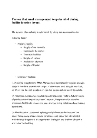 Amul facility location and layout | DOCX