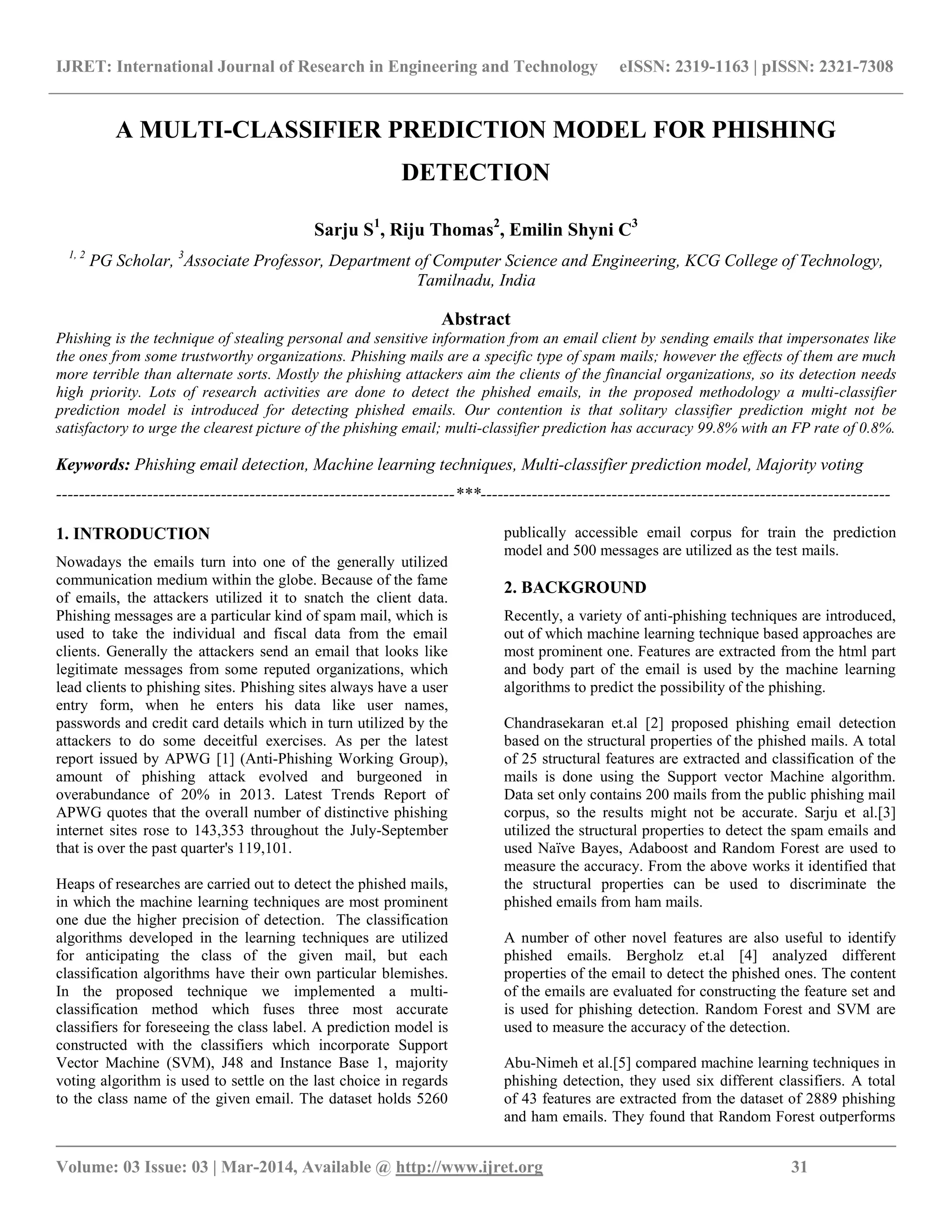 A multi classifier prediction model for phishing detection | PDF