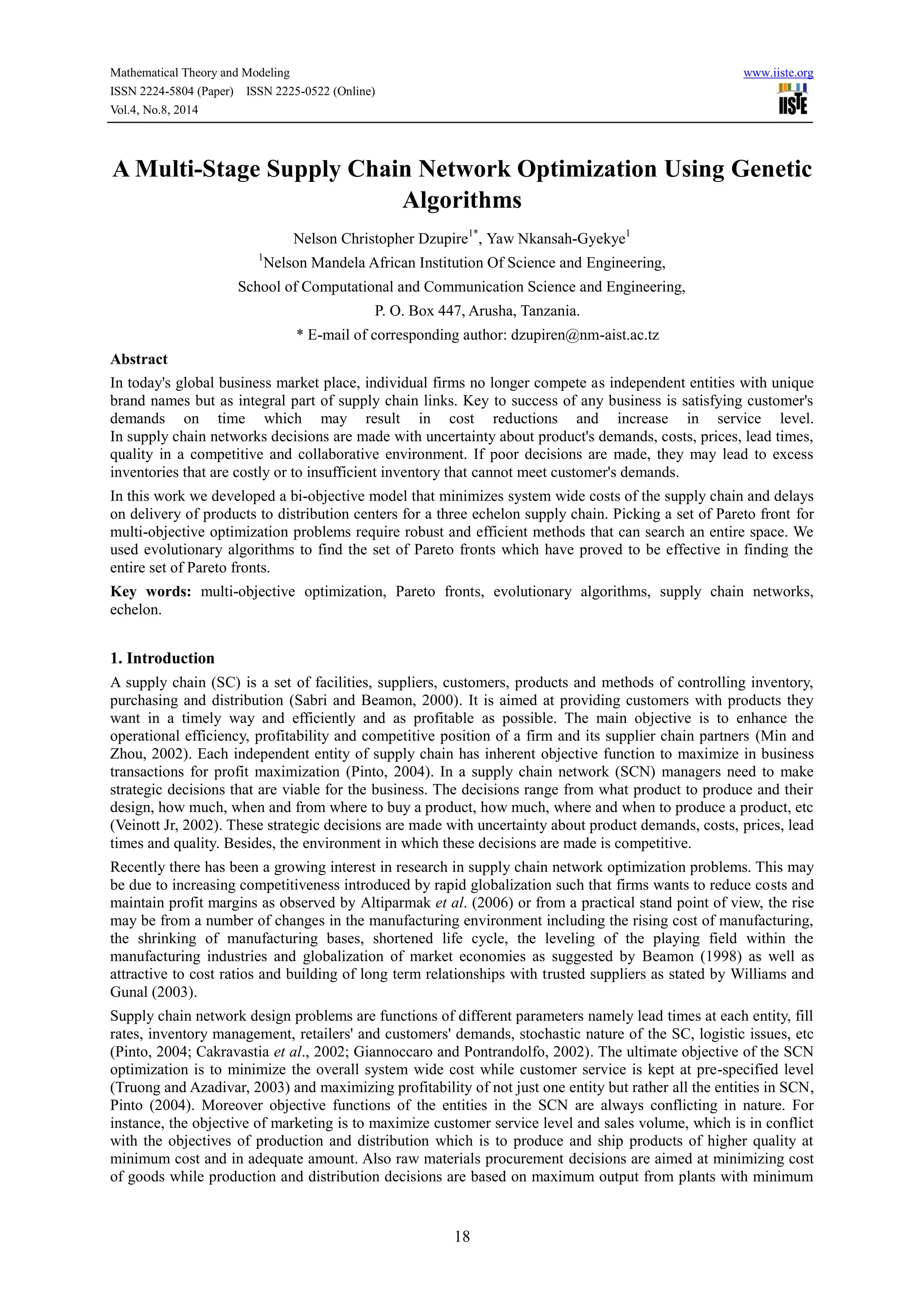 A multi stage supply chain network optimization using genetic algorithms | PDF