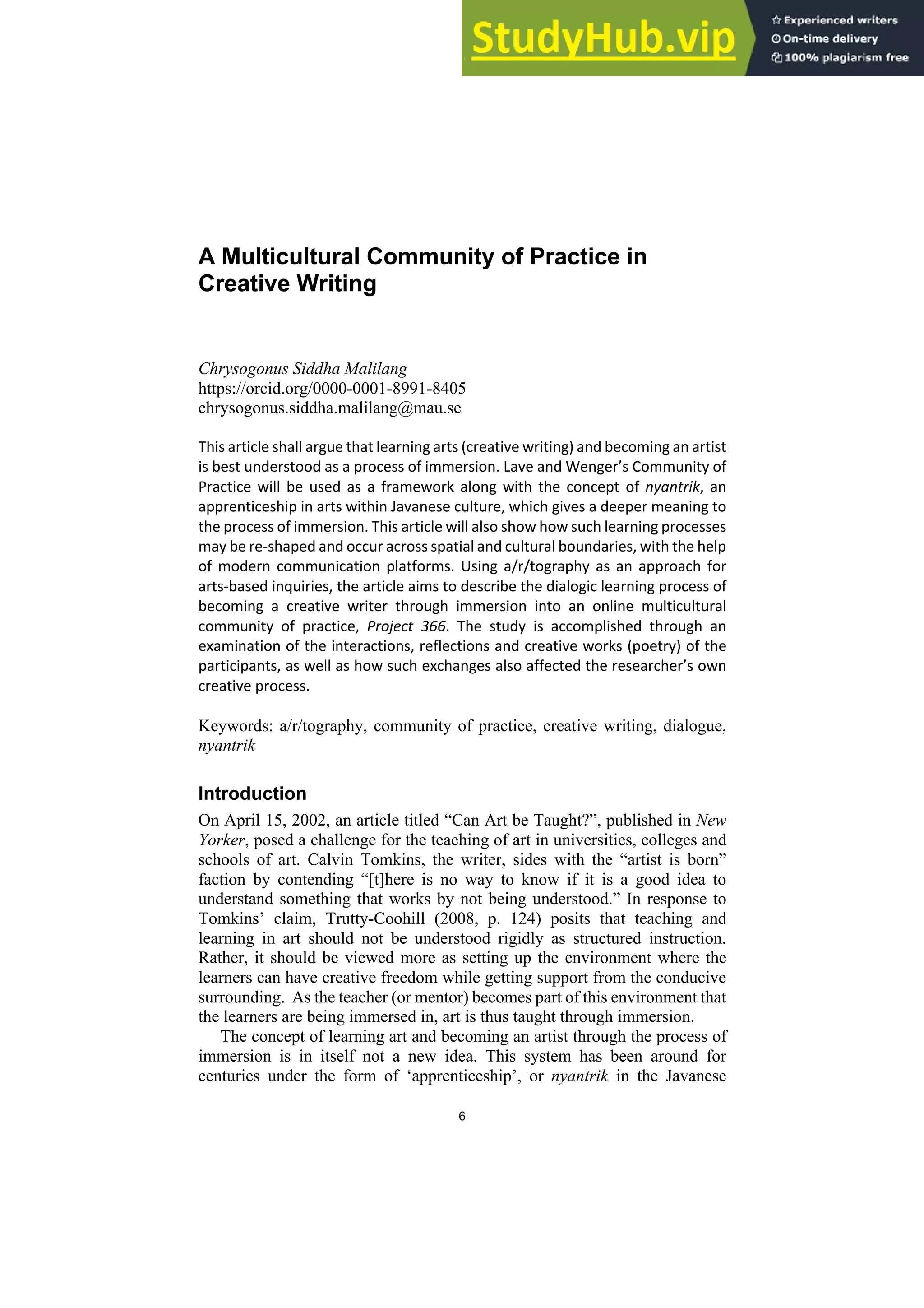 A Multicultural Community Of Practice In Creative Writing | PDF