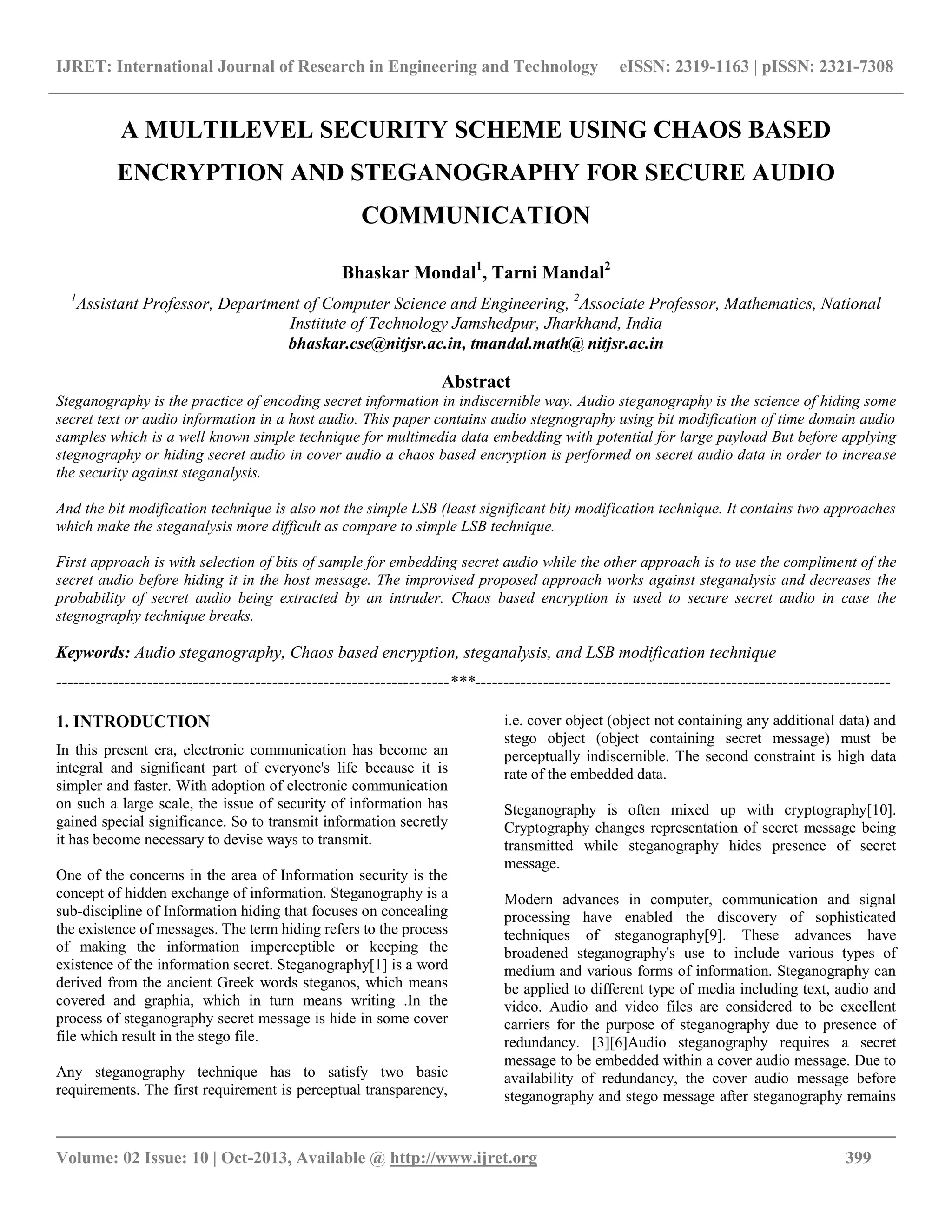 A multilevel security scheme using chaos based encryption and steganography for secure audio ...