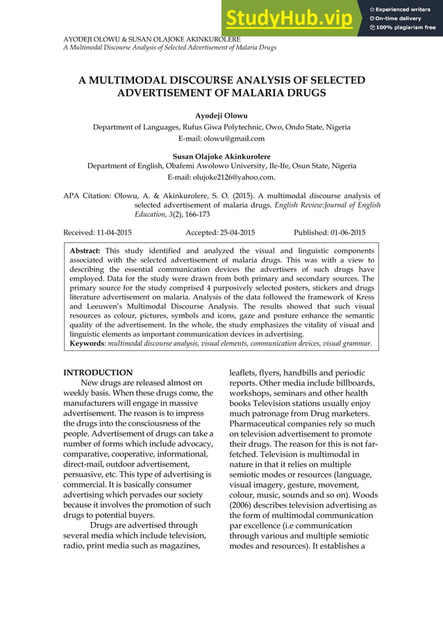 A MULTIMODAL DISCOURSE ANALYSIS OF SELECTED ADVERTISEMENT OF MALARIA ...