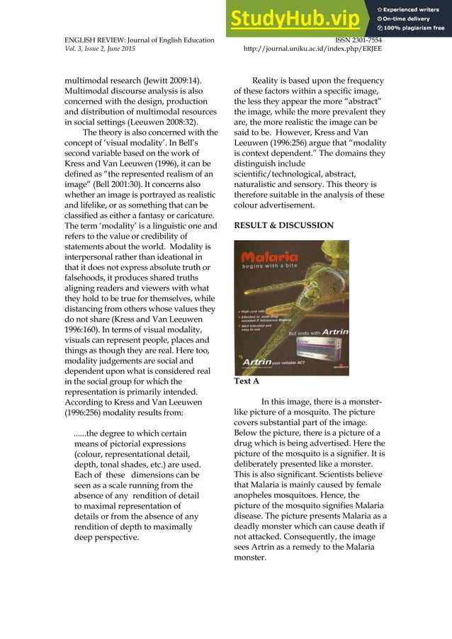 A MULTIMODAL DISCOURSE ANALYSIS OF SELECTED ADVERTISEMENT OF MALARIA ...