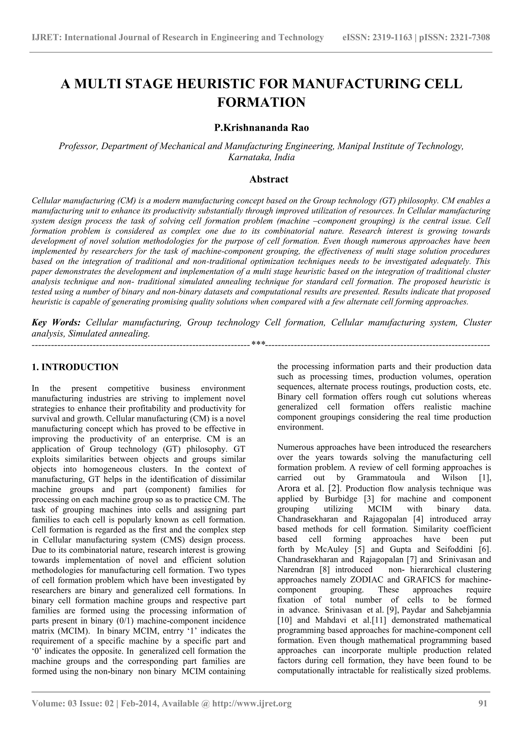 A multi stage heuristic for manufacturing cell formation | PDF