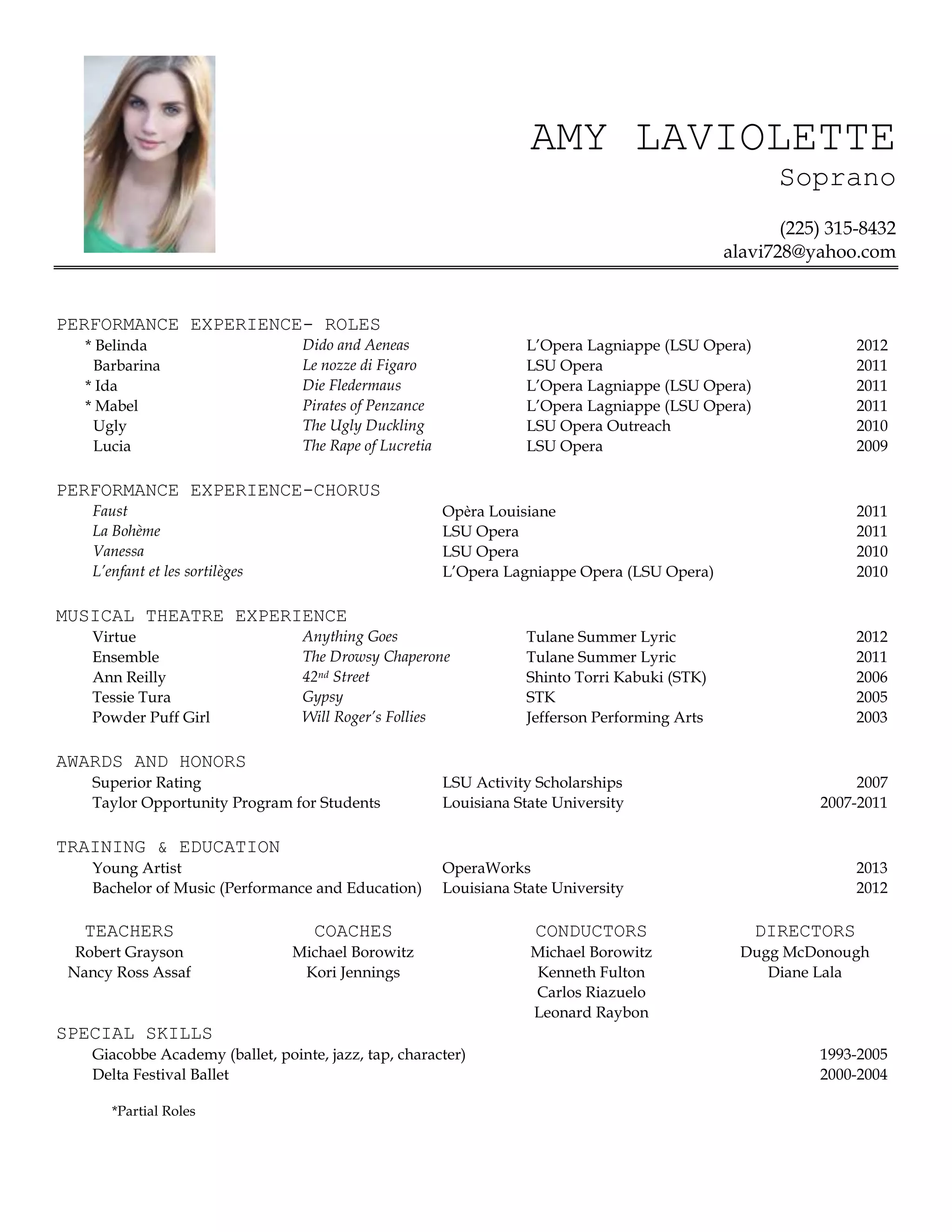 Amy Laviolette Performance Resume | DOCX | Opera | Fine Art
