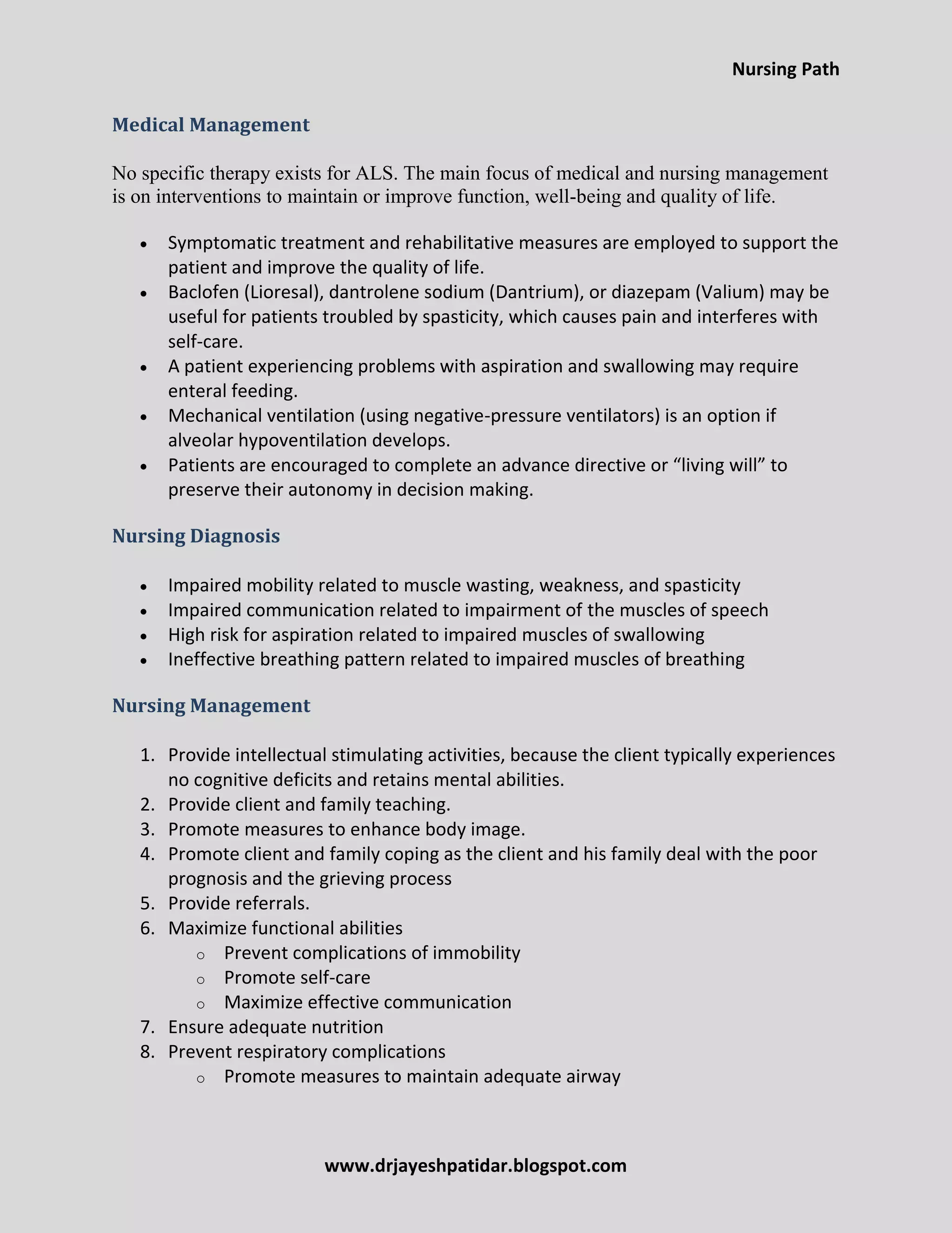 Amyotrophic lateral sclerosis (als) nursing care plan and management | PDF