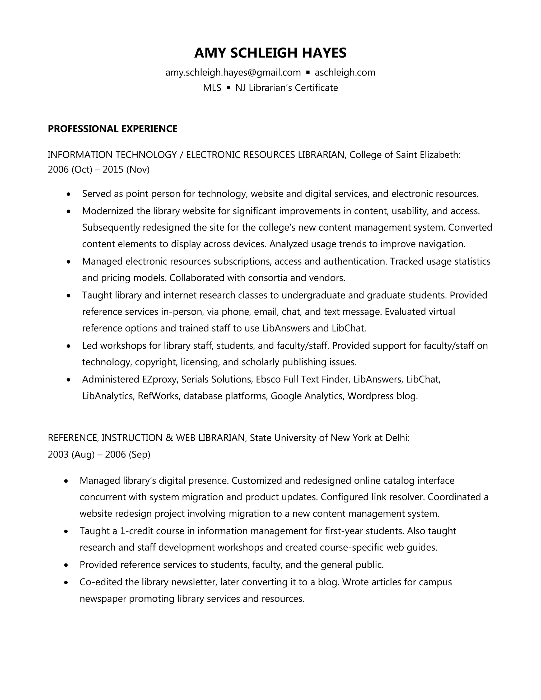 Resume, Amy Schleigh Hayes | PDF