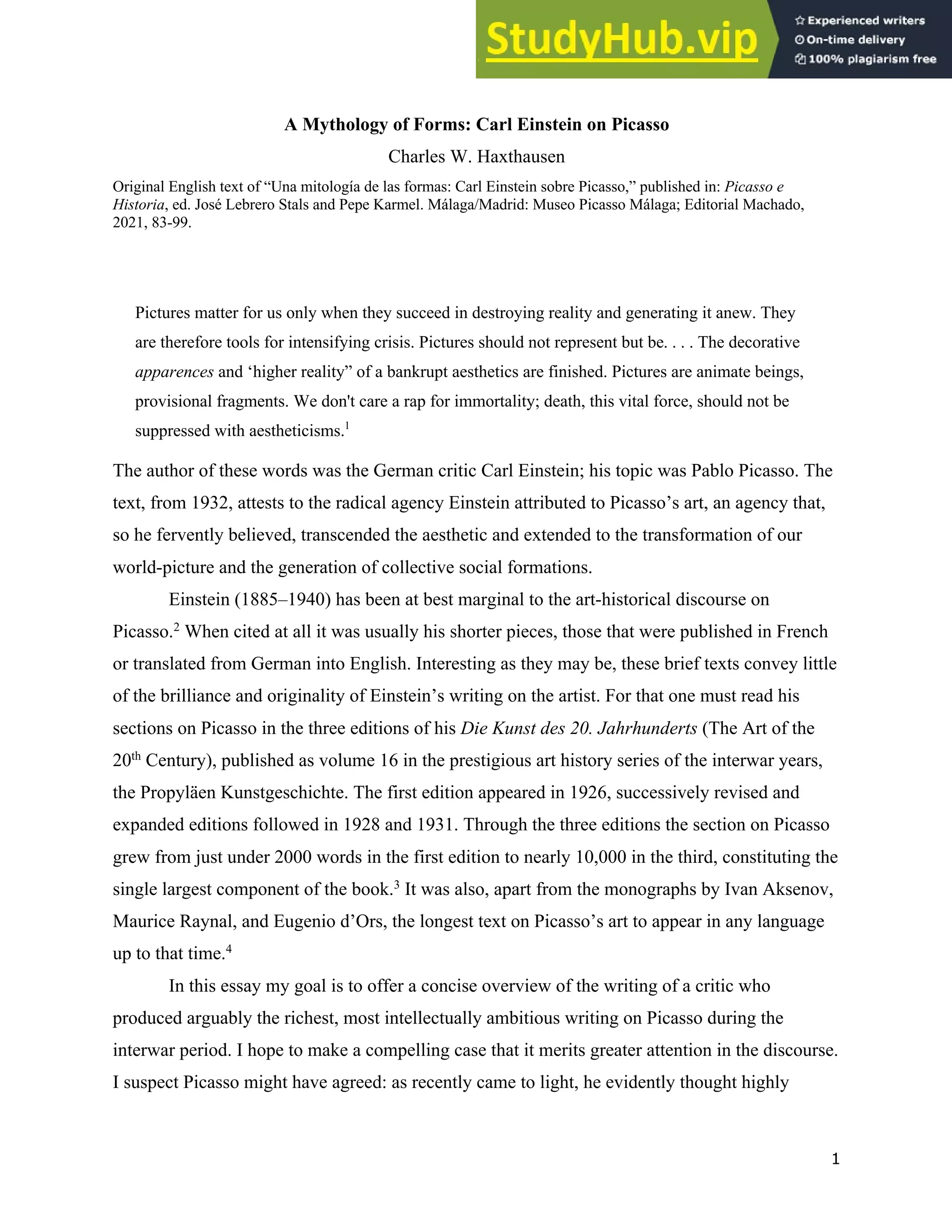 A Mythology Of Forms Carl Einstein On Picasso | PDF