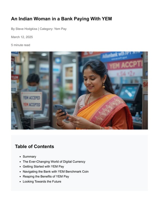 YEM Pay: An Indian woman in a bank paying with YEM | PDF