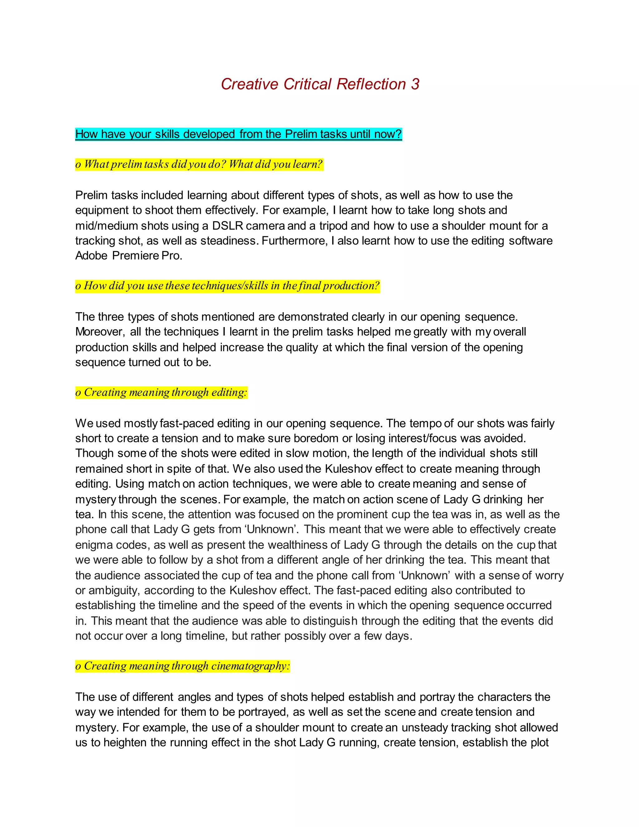 Creative Critical Reflection 3 | DOCX | Video Production | Content ...