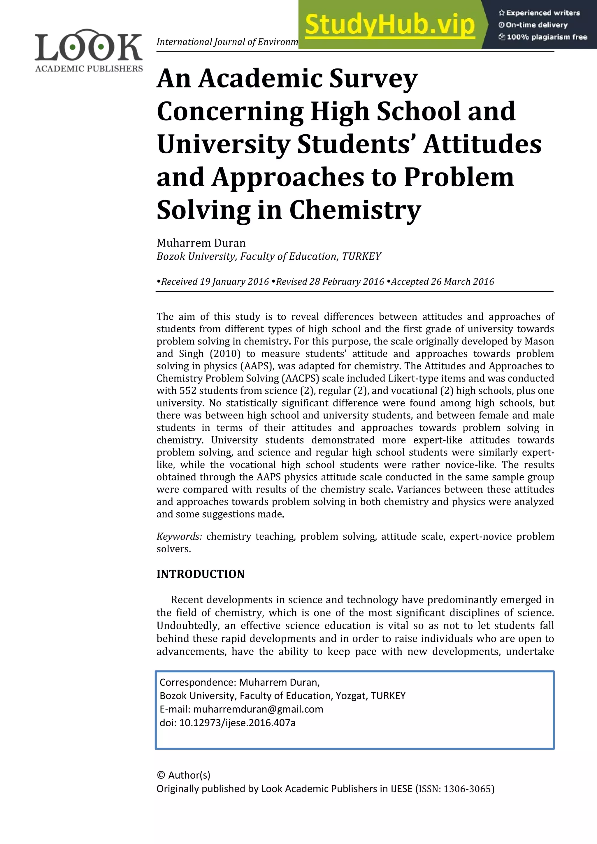 An Academic Survey Concerning High School And University Students ...