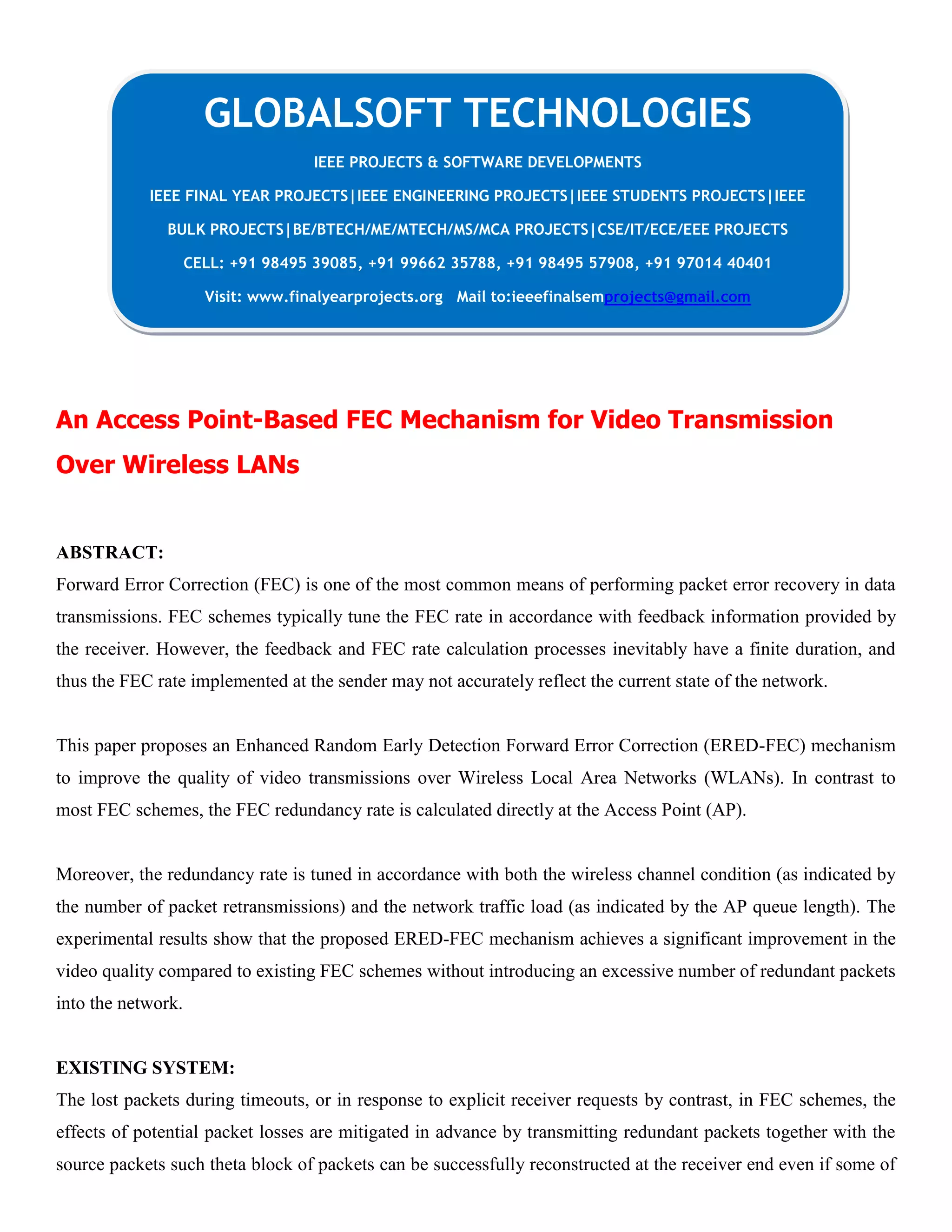An access point based fec mechanism for video transmission over ...