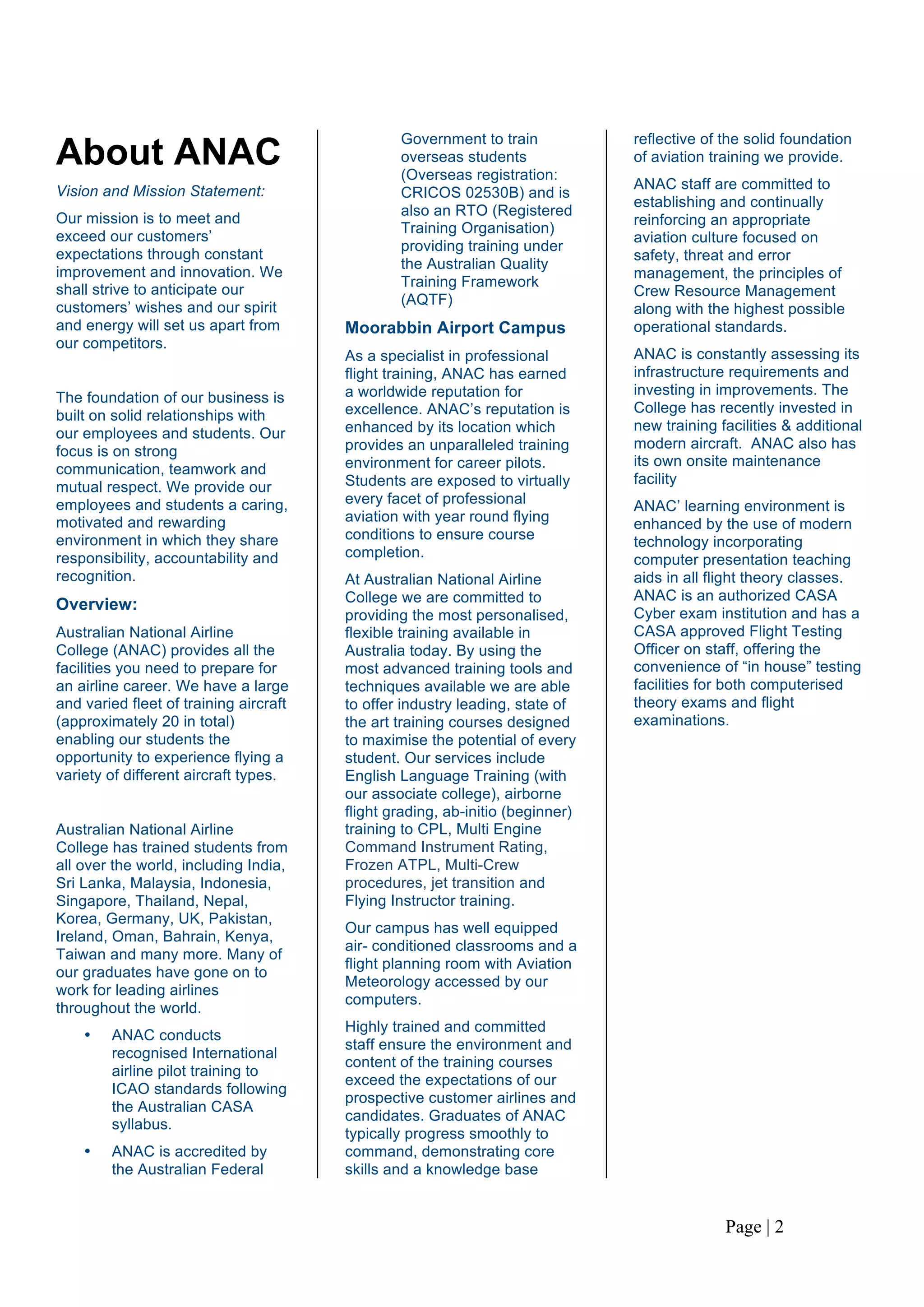 Australian National Airline College Anac course brochure | PDF